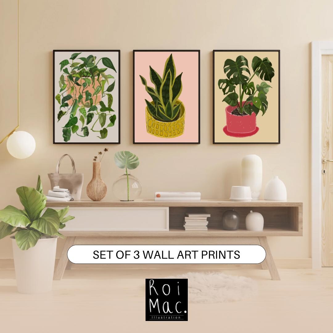 Quirky Tropical Potted Houseplant Print Set Trio: Cute Trendy Botanical ...