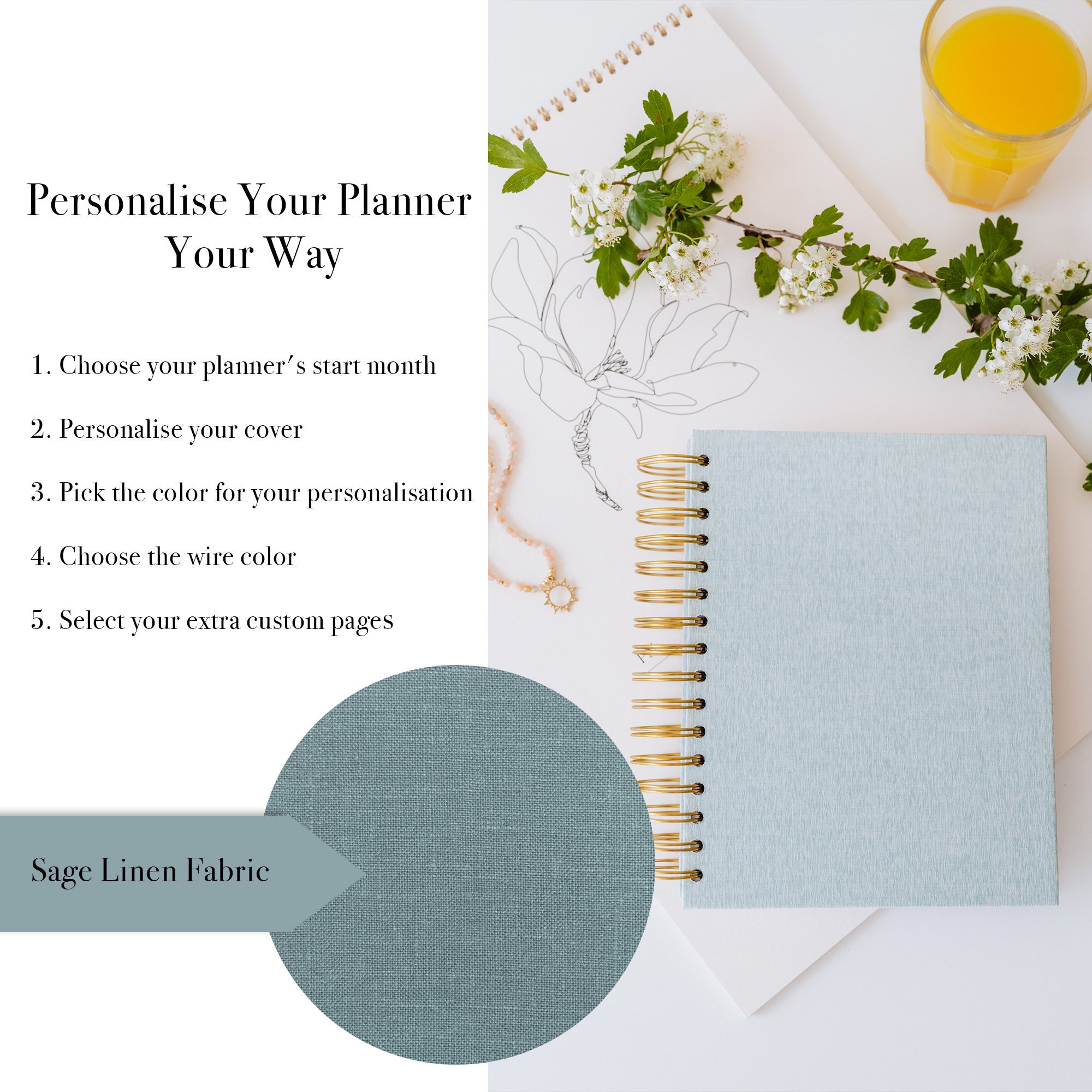Dated Weekly Planner - Sage Green Cloth | You DECIDE When to START ...