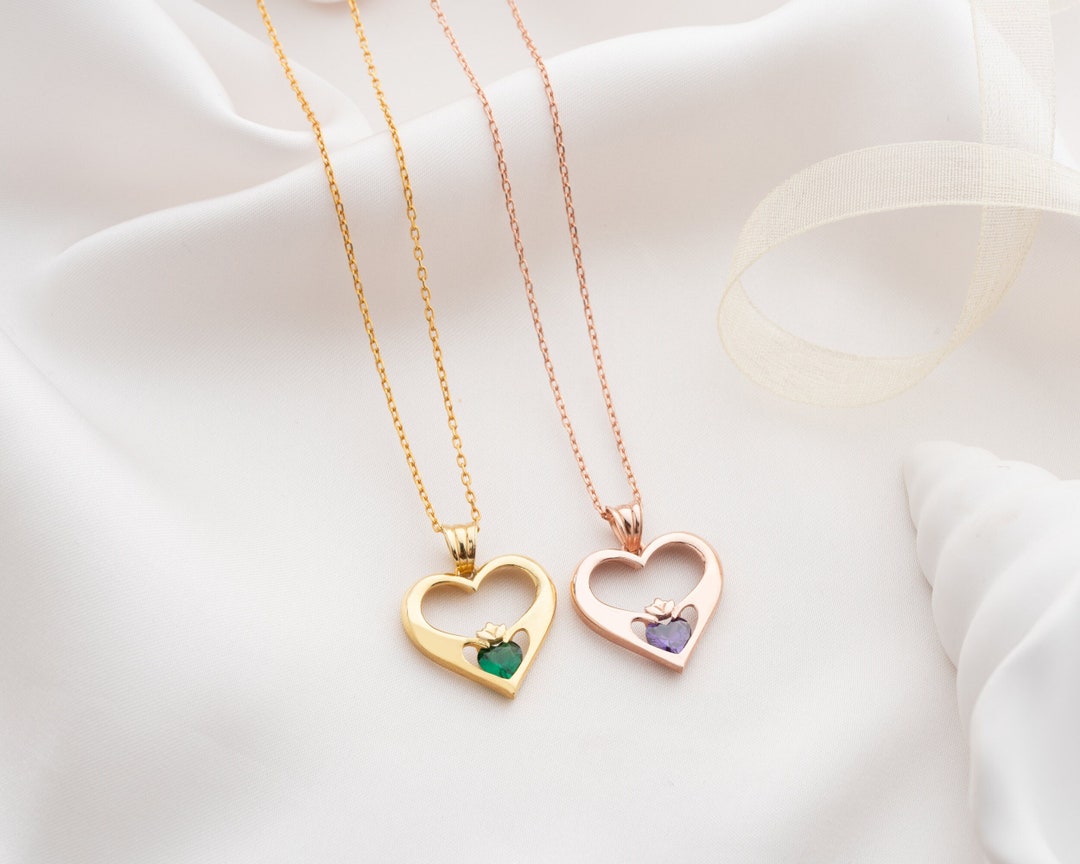 Custom Heart Shape Birthstone Necklace, Dainty Gemstone Necklace, Heart ...