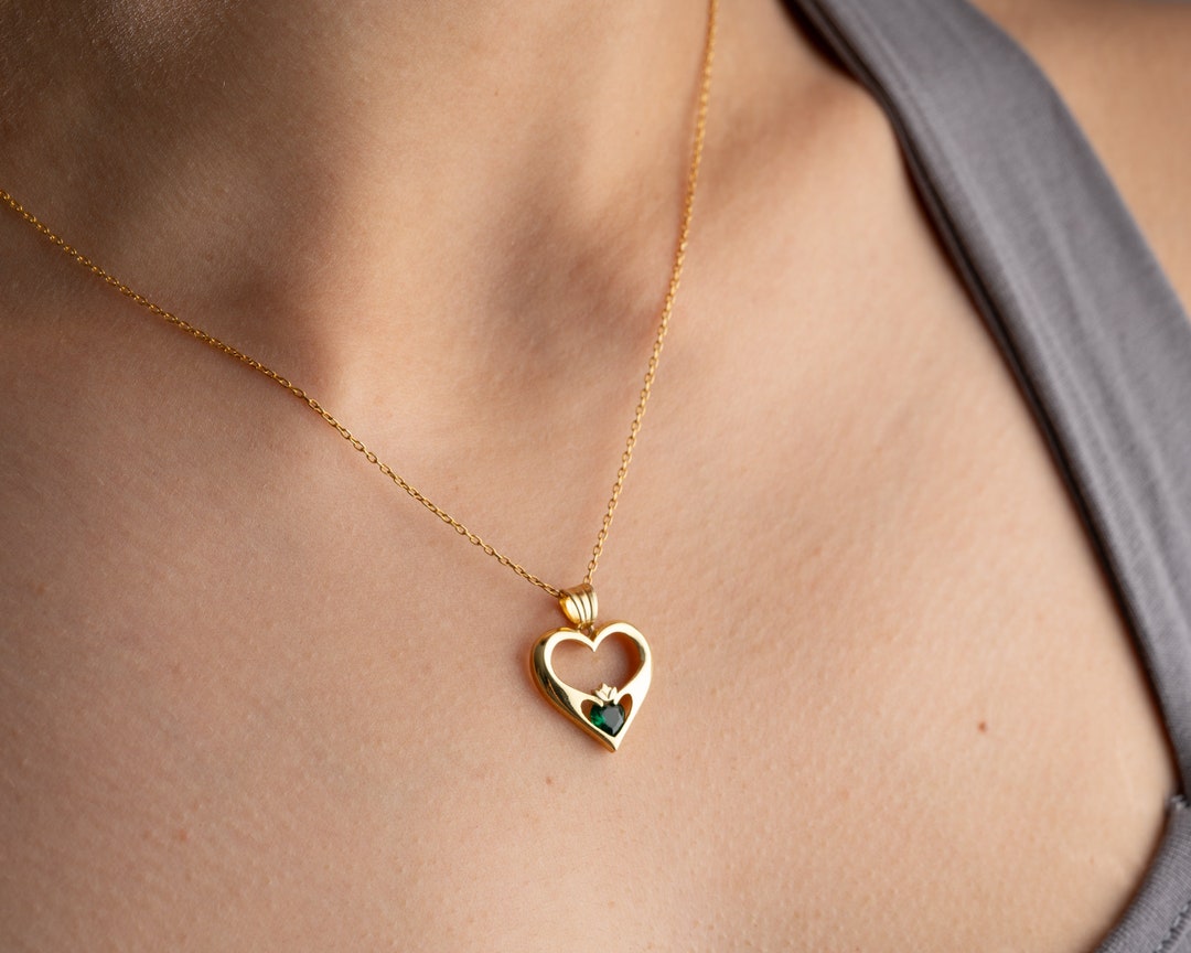 Custom Heart Shape Birthstone Necklace, Dainty Gemstone Necklace, Heart ...