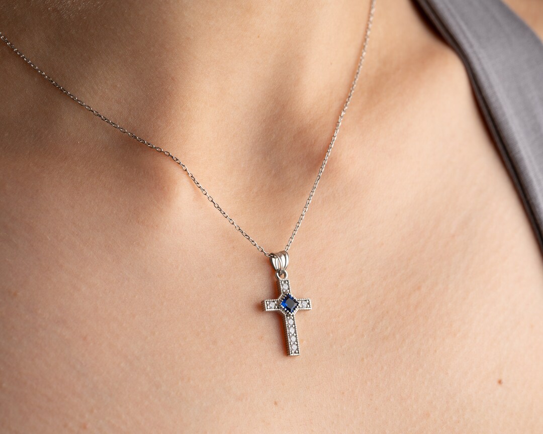 Birthstone Cross Necklace Surrounded by Diamonds, Baptism Necklace ...