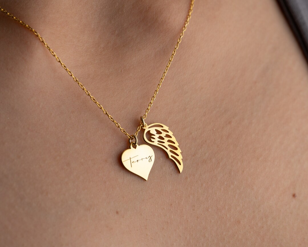 Personalized Guardian Angel Wing Necklace With Heart Name Charm ...