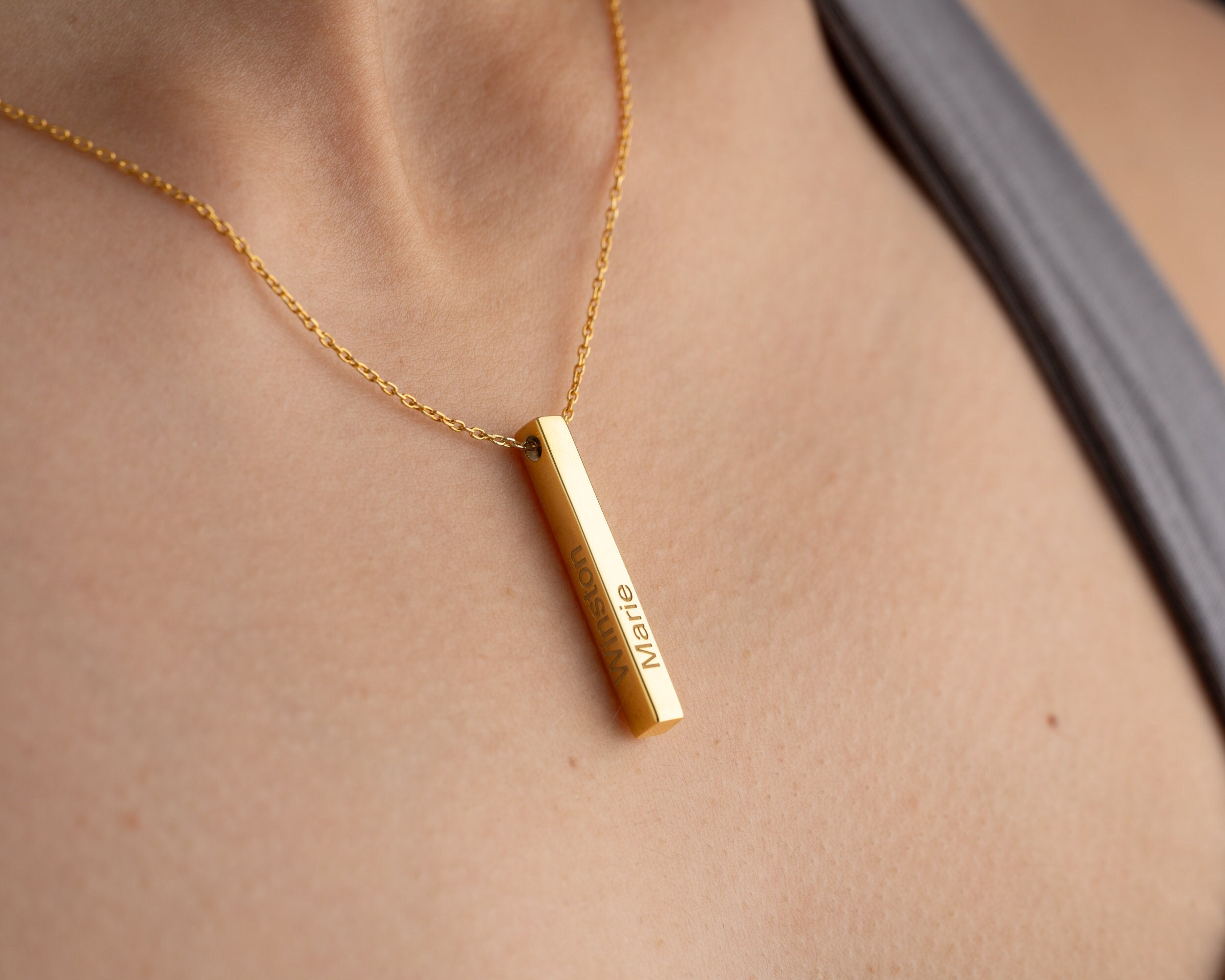 Personalized 3D Vertical Bar Name Necklace, Custom Engraved Bar Name Date Necklace, Vertical Bar ...