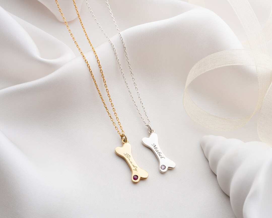 Birthstone Dog Bone Name Necklace, Memorial Dog Bone Necklace With ...