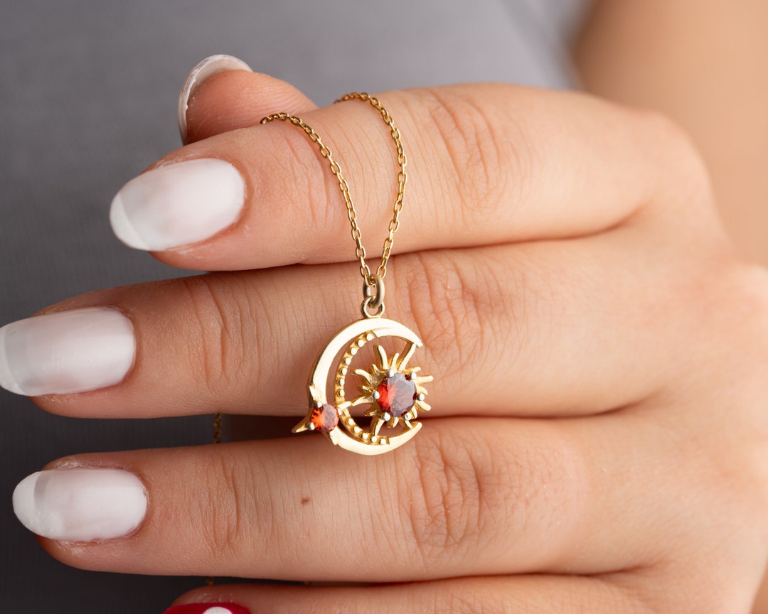 Sun-moon Necklace With Birthstone, Trendy Birthstone Necklace, Dainty ...