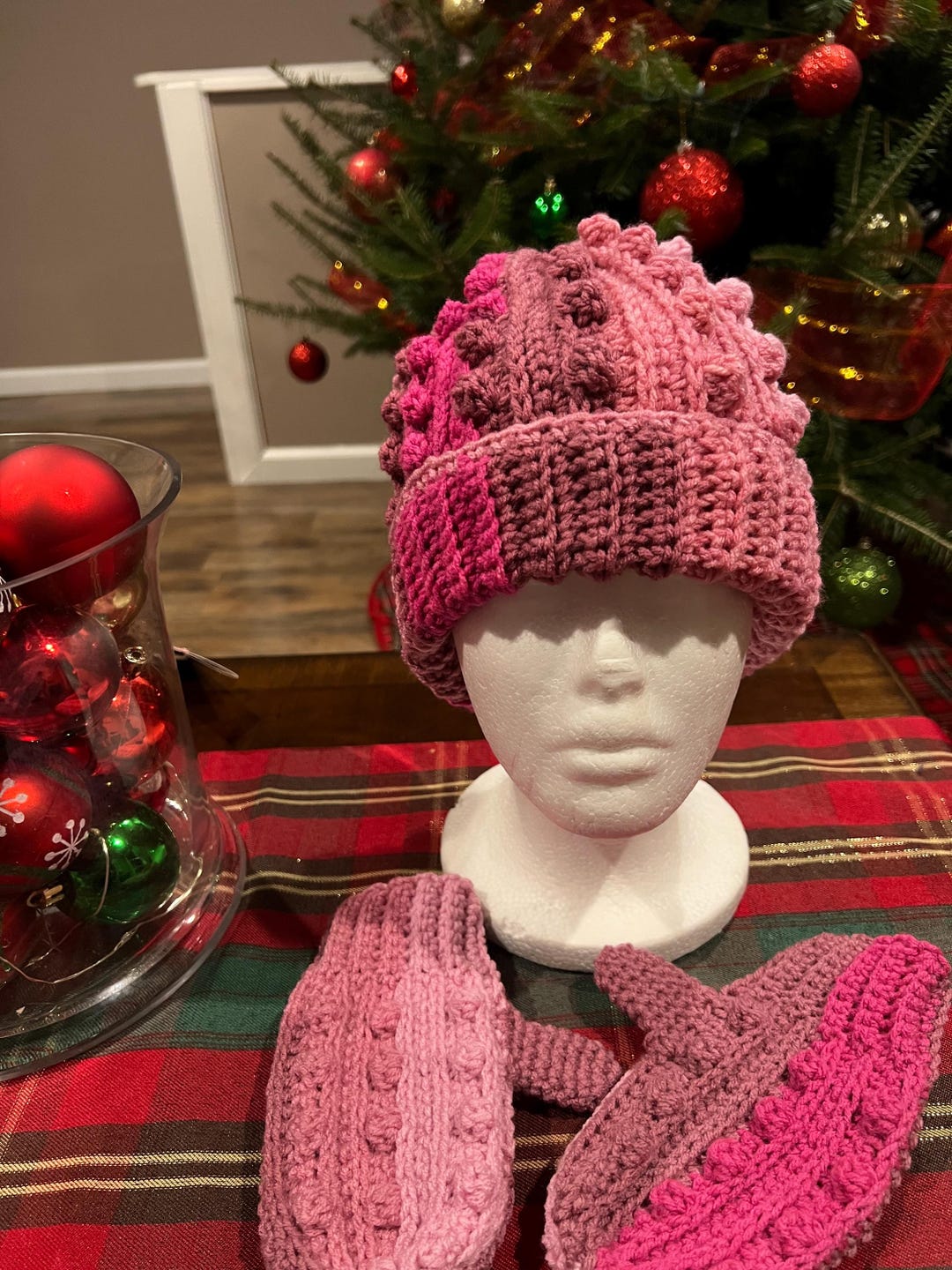 Crochet Pink and Bold Hat and Mitten Set - Etsy