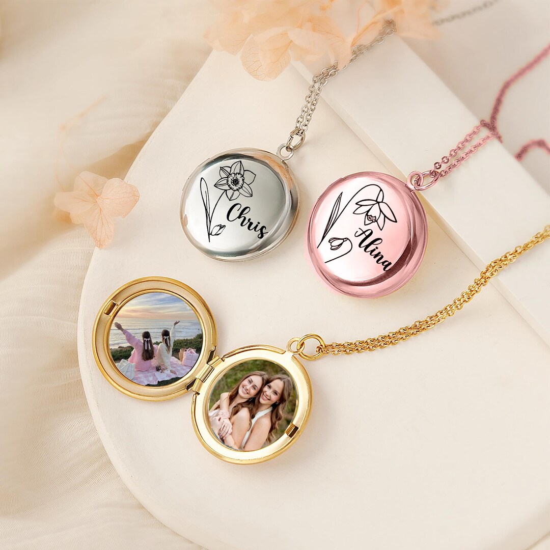 Personalized Birth Flower Locket With Photo, Custom Name Necklace for ...