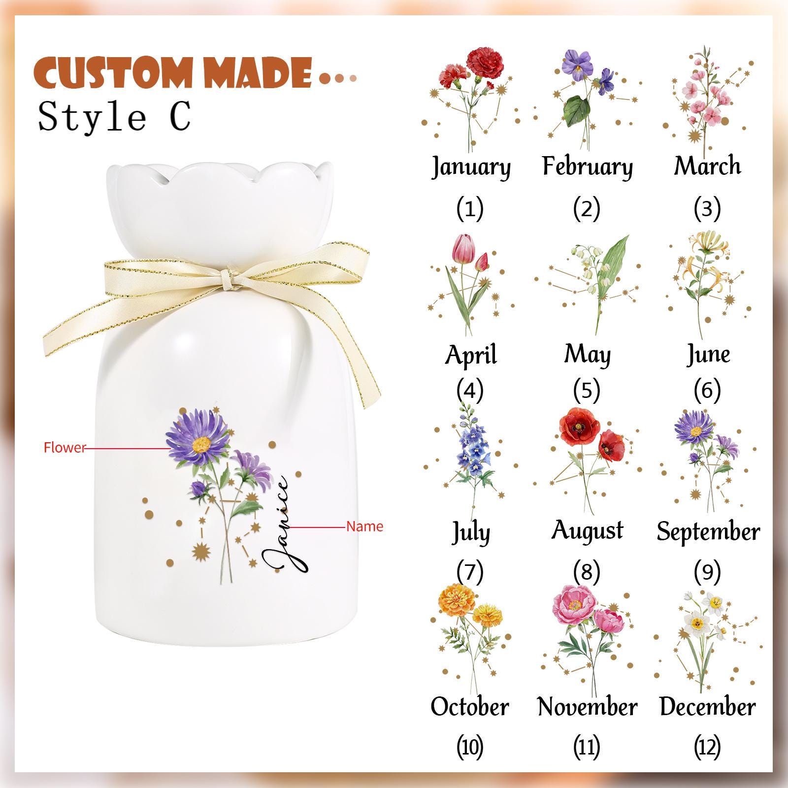 Birth Month Flower Vase, Personalized Zodiac Star Sign Vase, Custom ...
