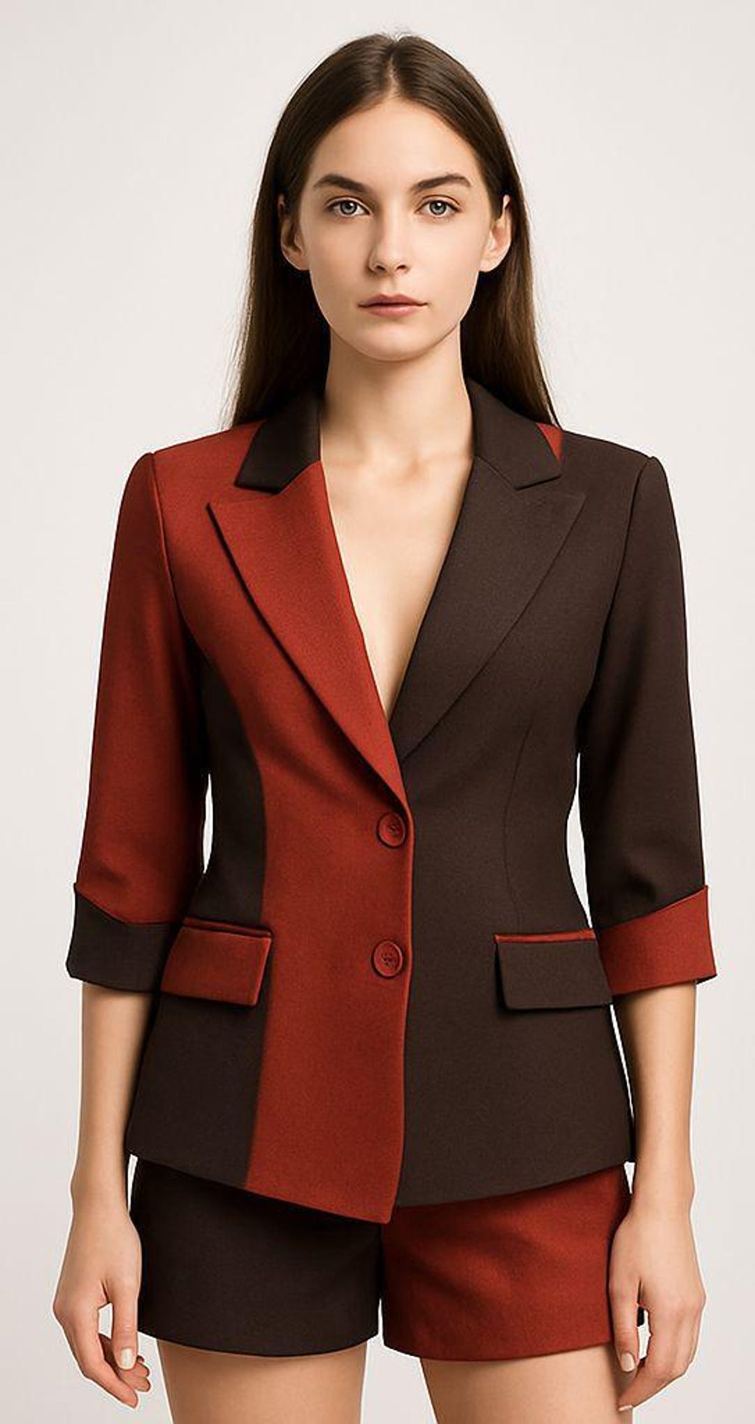 Brown & Brick Red Blazer and Shorts Set – Women's Two Piece Outfit - Etsy