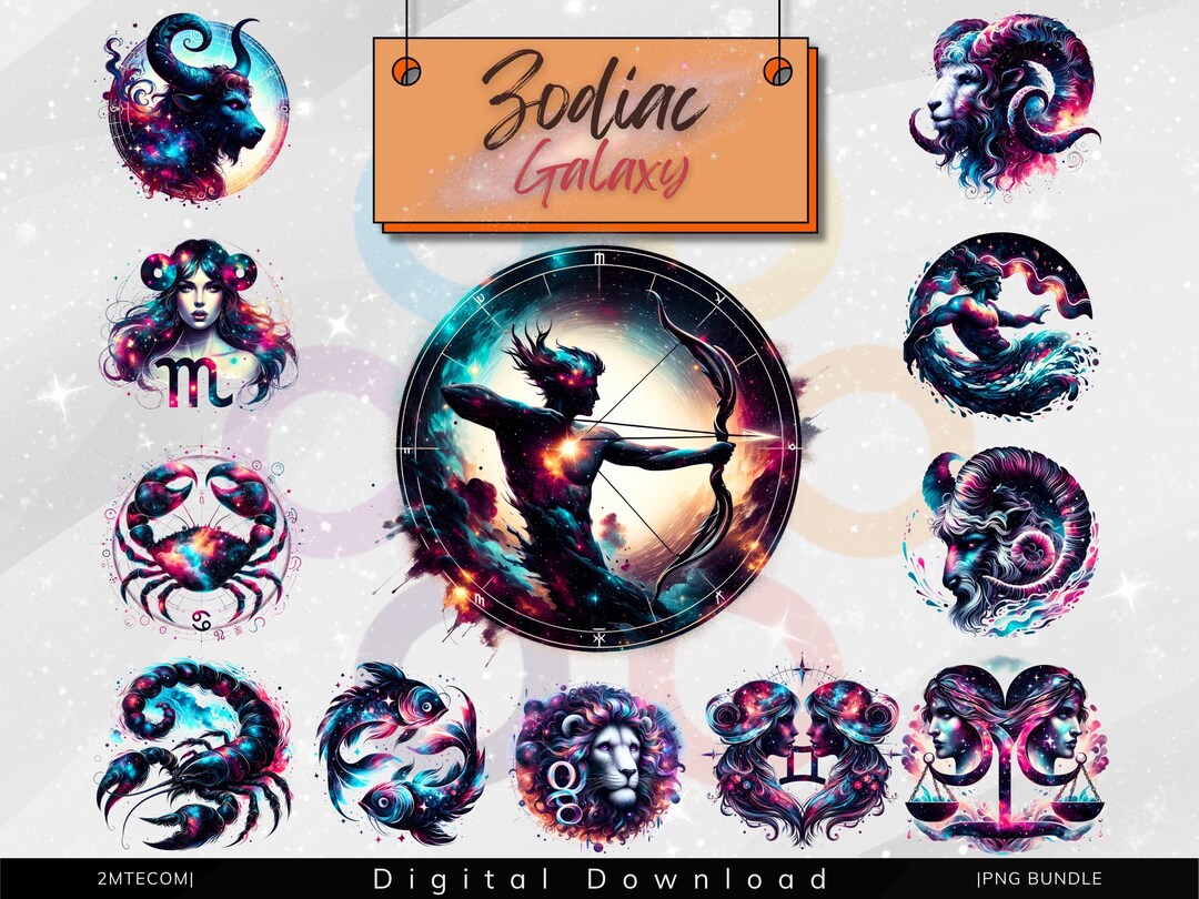 12 Galaxy Zodiac Signs PNG Graphics Clipart Sublimation Bundle, Digital ...
