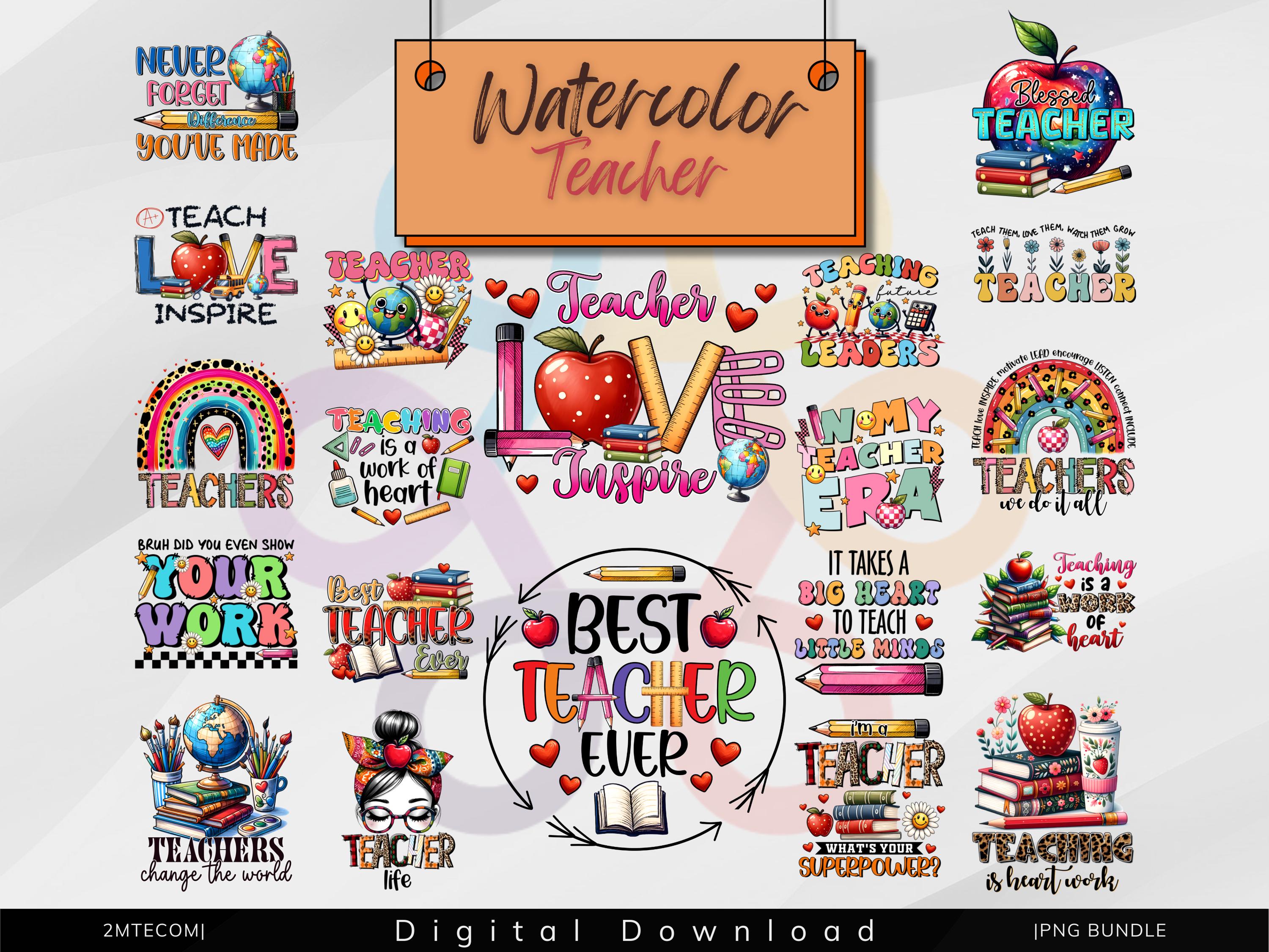 20 Watercolor Teacher Quote Appreciation PNG Graphics Clipart ...