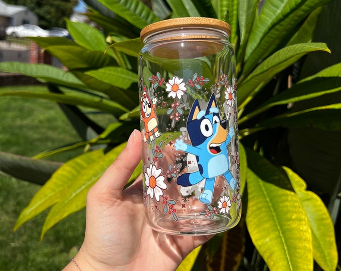 Bluey Glass Cup, Blue Dog Glass Cup, Bluey Libbey Can Glass, Blue Dog ...