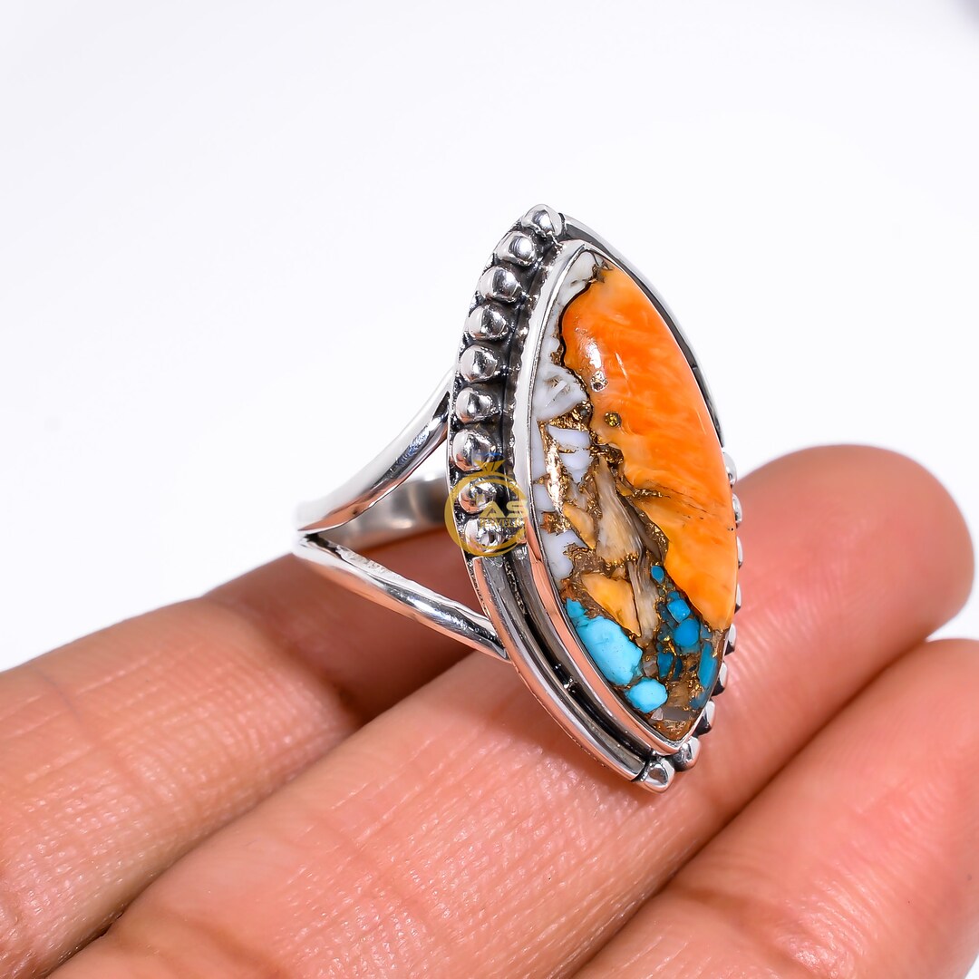 Orange Spiny Oyster Turquoise Ring Orange Stone Ring 925 Sterling ...