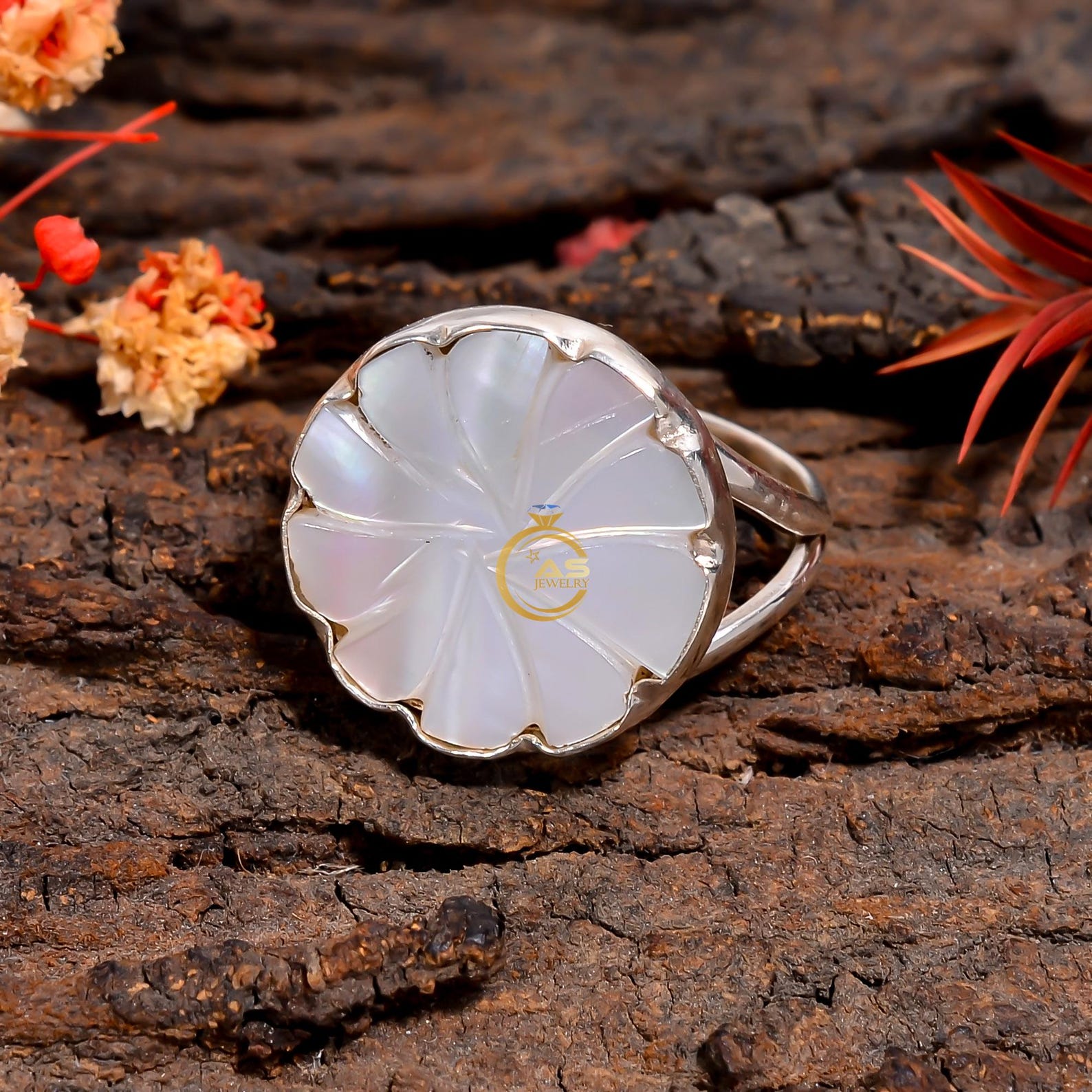 Carved White Sea Shell Ring: Handmade 925 Sterling Silver Statement ...