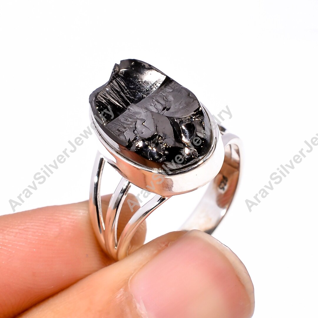 Raw Shungite Ring, Raw Stone Ring, Handmade Ring, 925 Sterling Silver ...