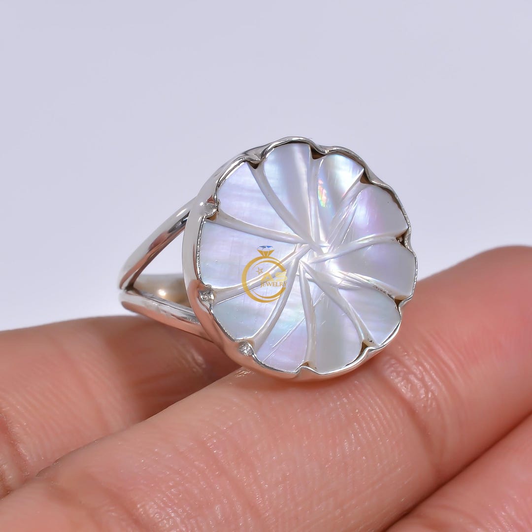 Natural White Sea Shell Ring Carved Ring 925 Sterling Silver Ring ...