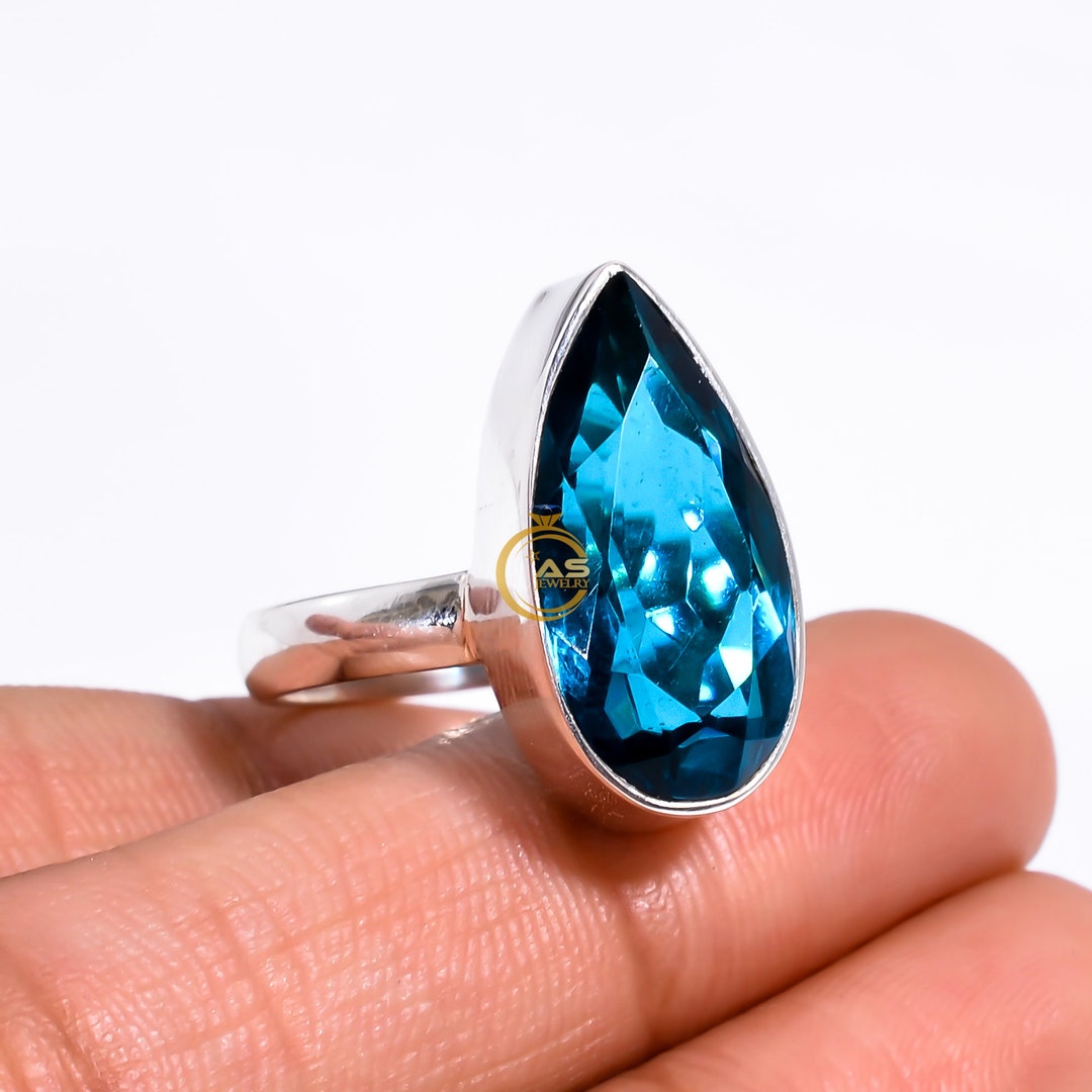 Man Made Aqua Blue Glass Stone Ring Cut Stone Ring 925 Sterling Silver ...