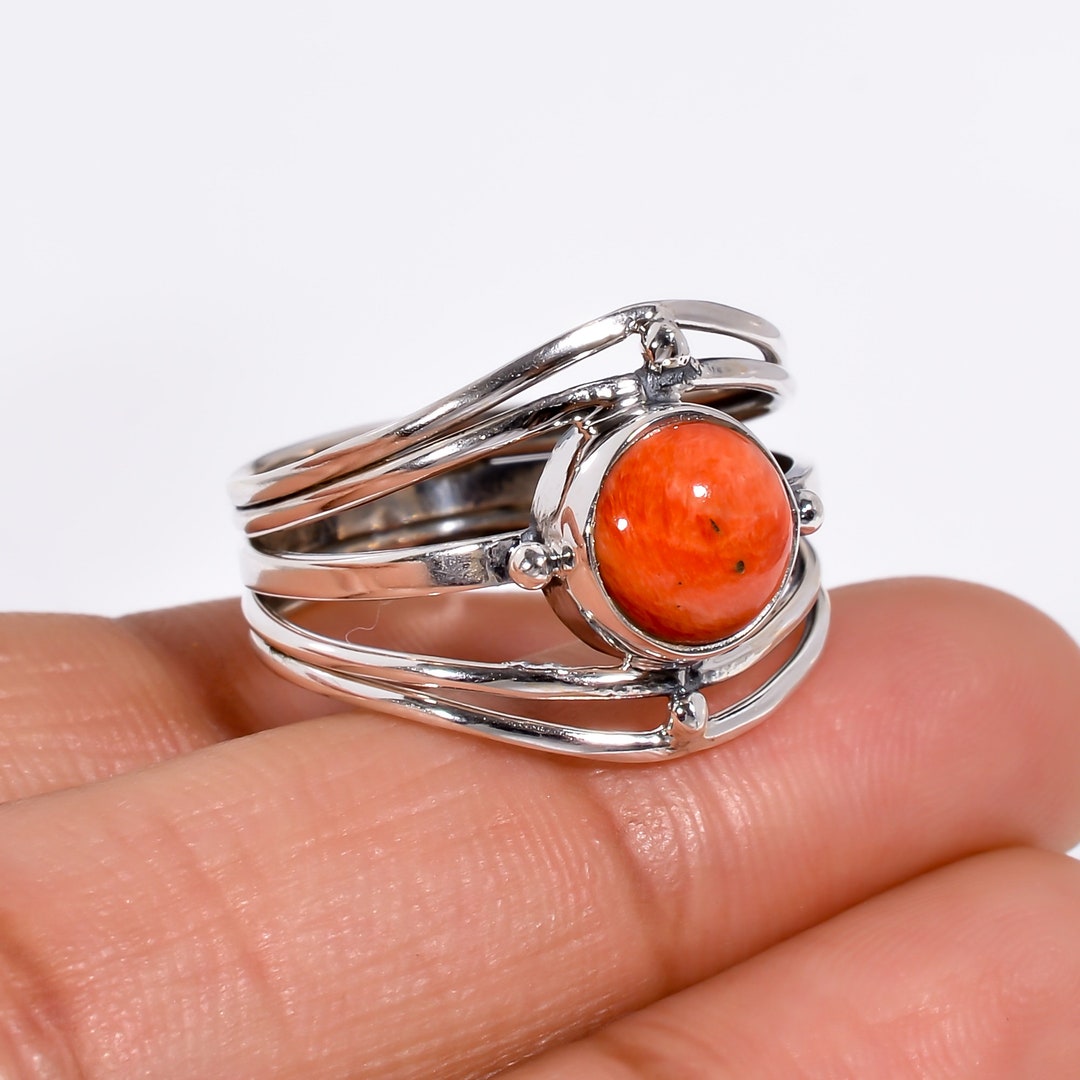 Handmade Spiny Oyster Shell Ring: Orange Gemstone, 925 Sterling Silver ...
