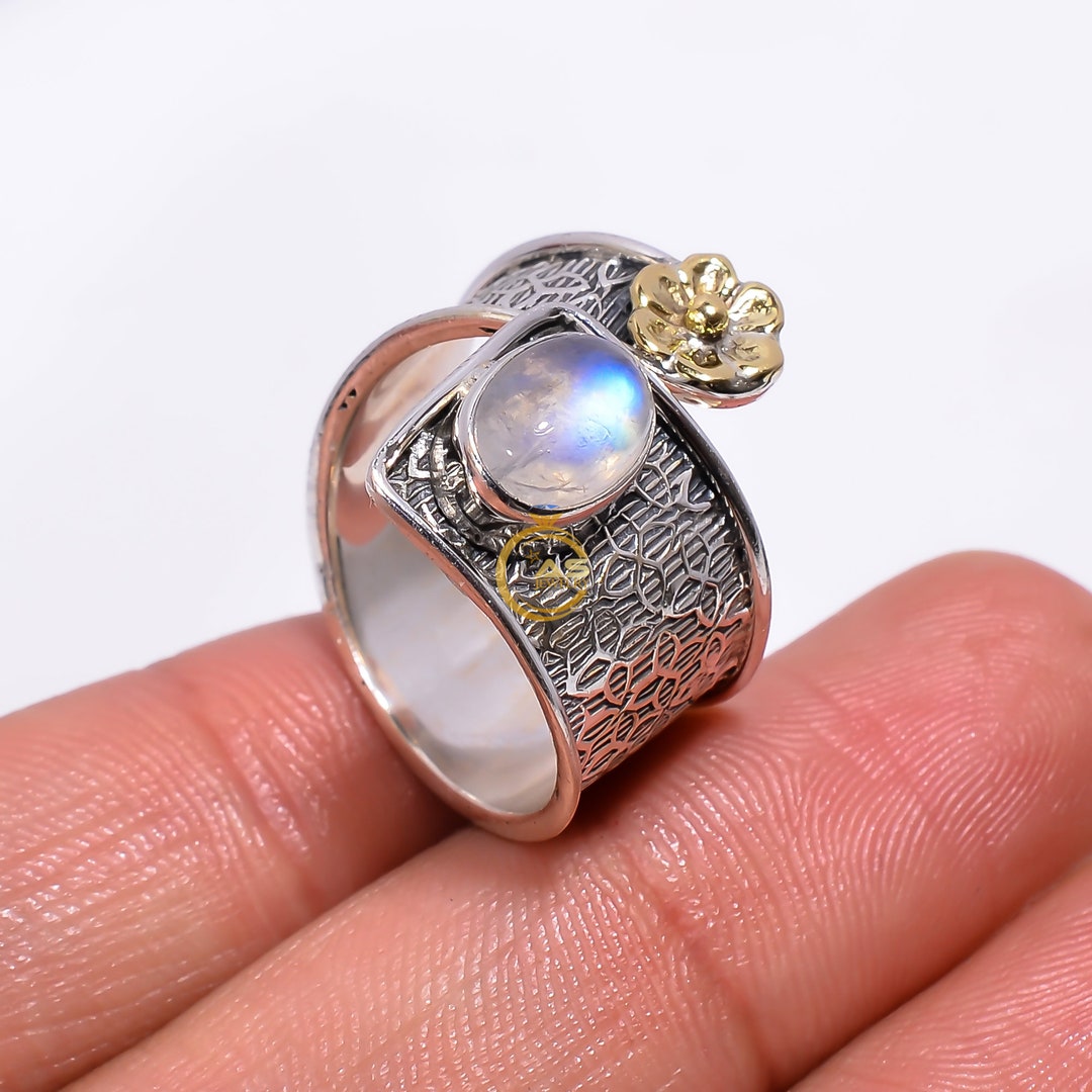 Adjustable Rainbow Moonstone Ring Pure 925 Sterling Silver Statement ...