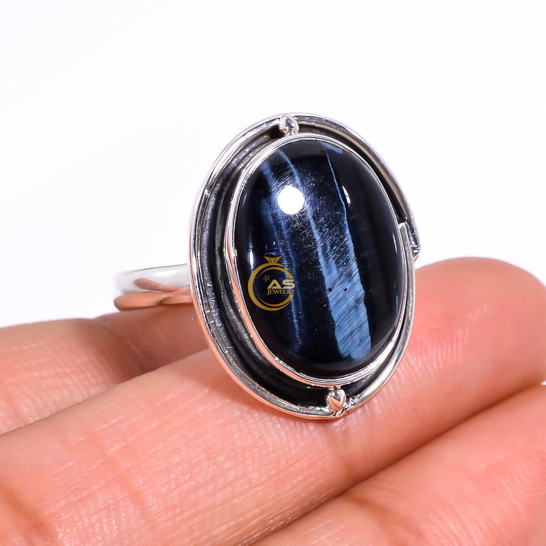 Dark Blue Tiger Eye Ring: Handmade 925 Sterling Silver Boho Ring - Etsy