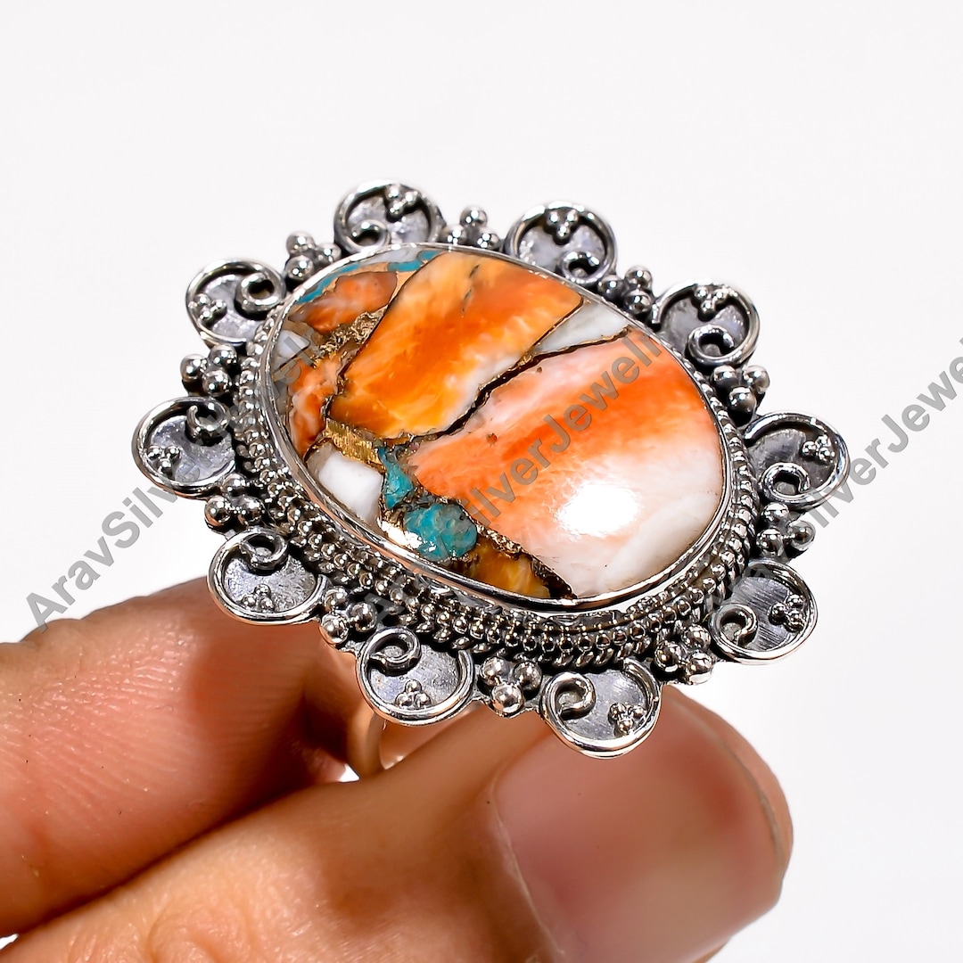 Spiny Oyster Turquoise Ring, Orange Stone Ring, 925 Sterling Silver ...