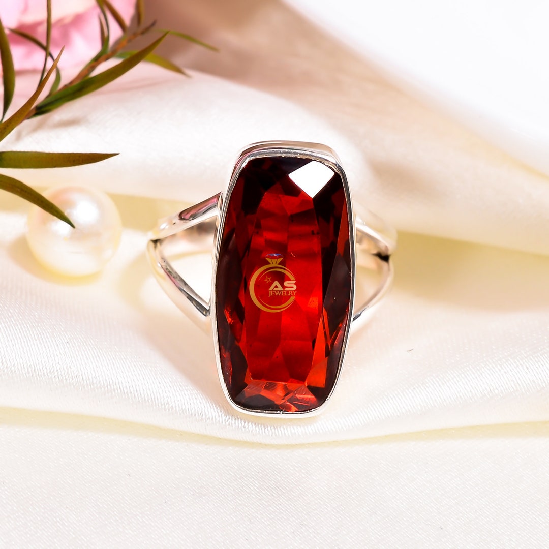 Man Made Red Stone Ring Glass Stone Ring 925 Sterling Silver Ring ...