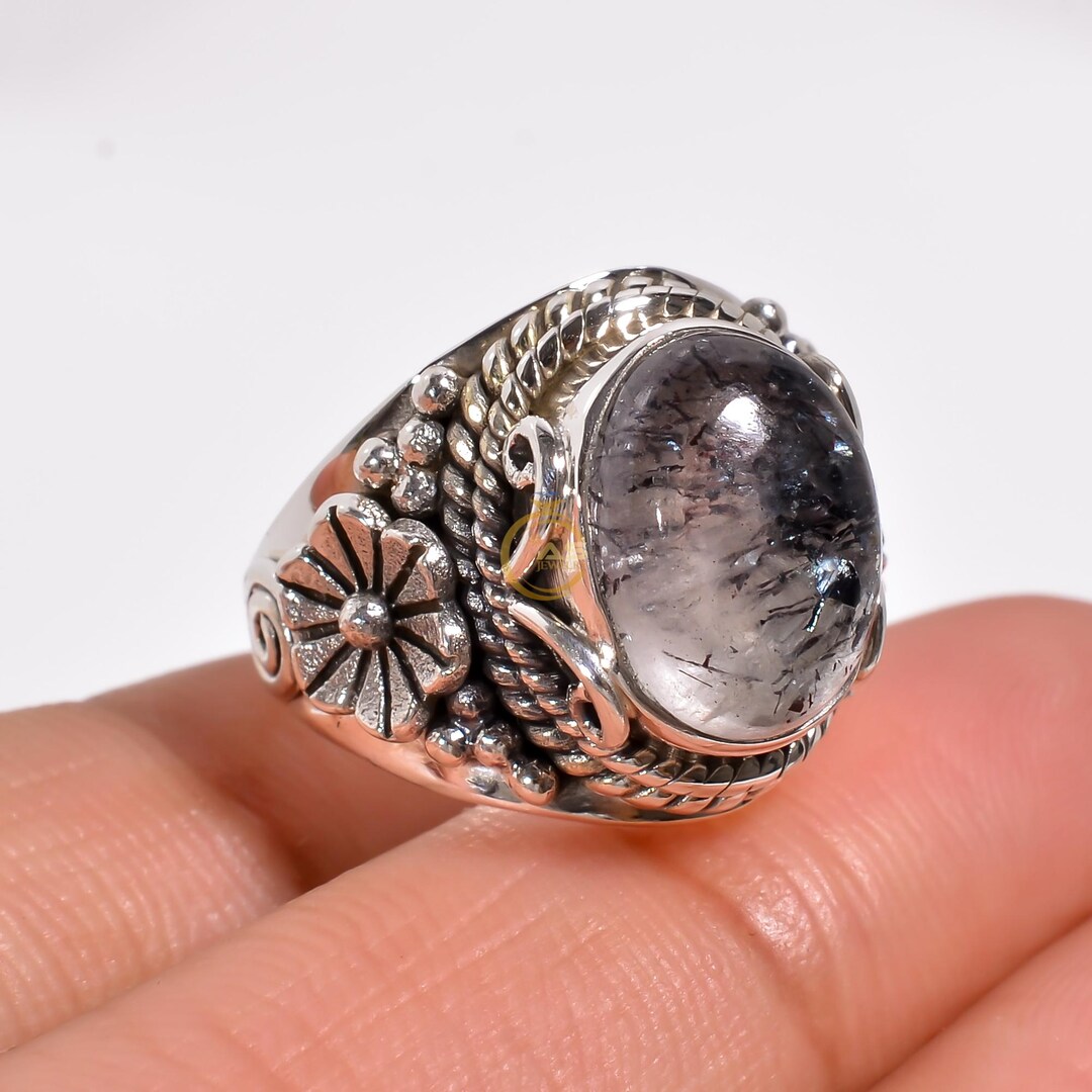 Super Seven 7 Ring, Oval Shape Black Gemstone Ring, 925 Sterling Silver ...