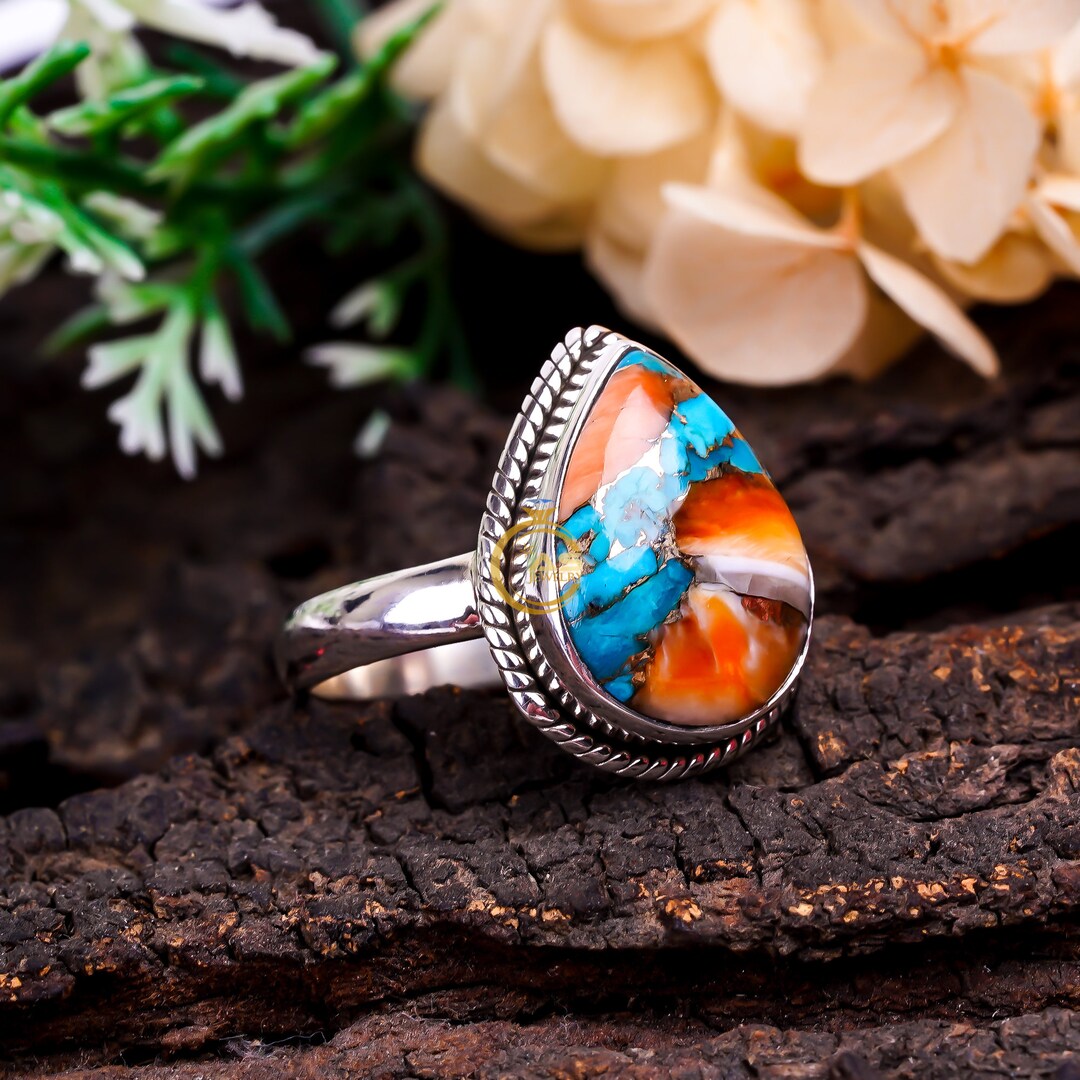 Spiny Oyster Turquoise Ring, Orange Stone Ring, 925 Sterling Silver ...