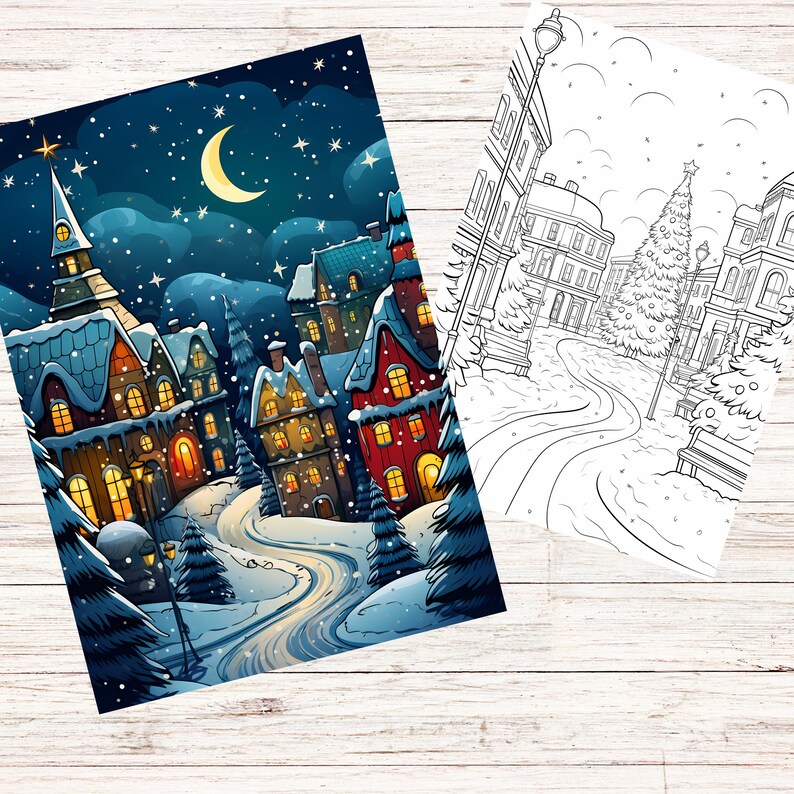Christmas Town Coloring Pages | Winter Holiday Scenes (printable PDF) - Etsy