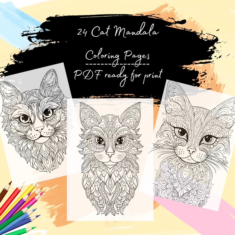 Cat Mandala Coloring Pages for Adults | Printable PDF With Relaxing ...