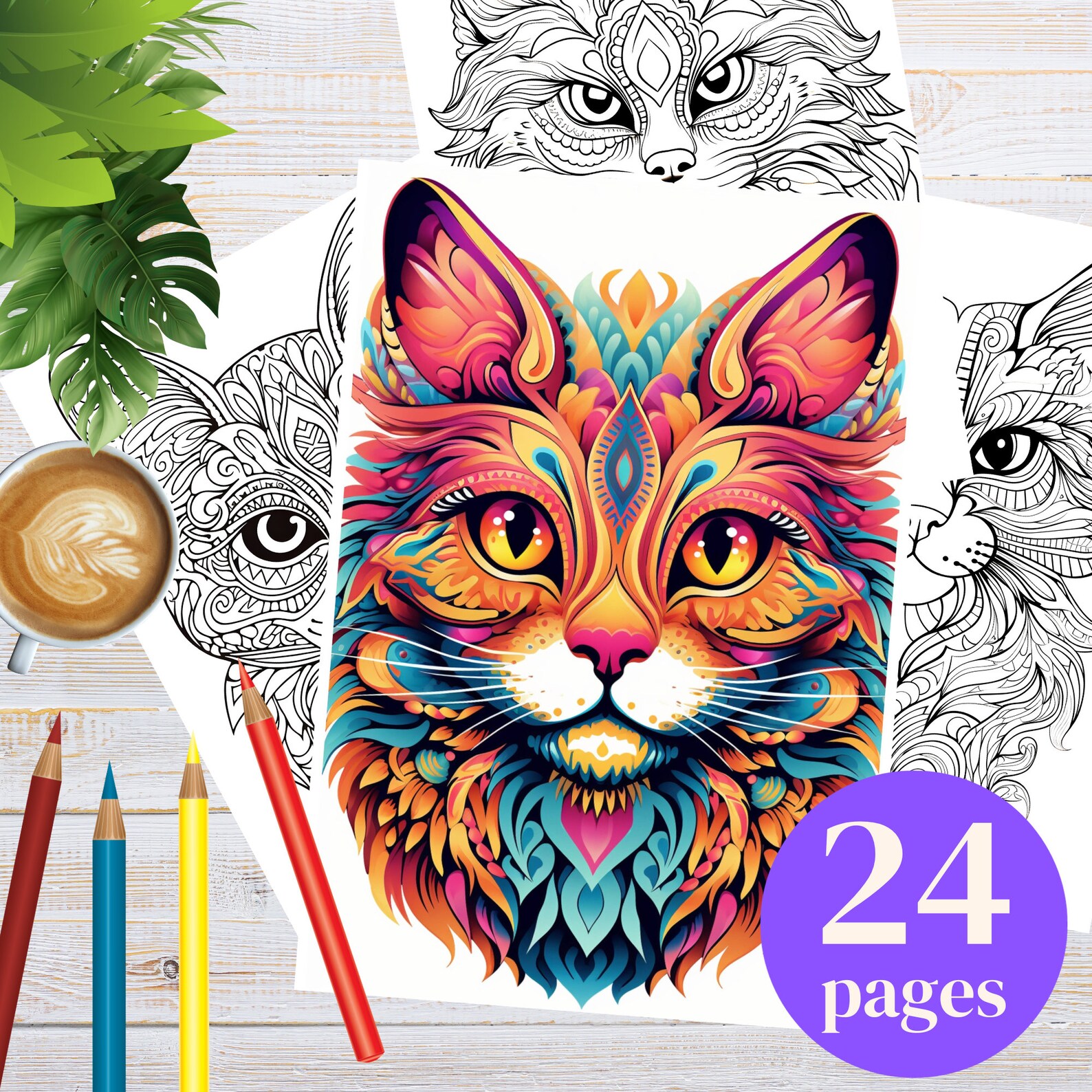 Cat Mandala Coloring Pages for Adults | Printable PDF With Relaxing ...