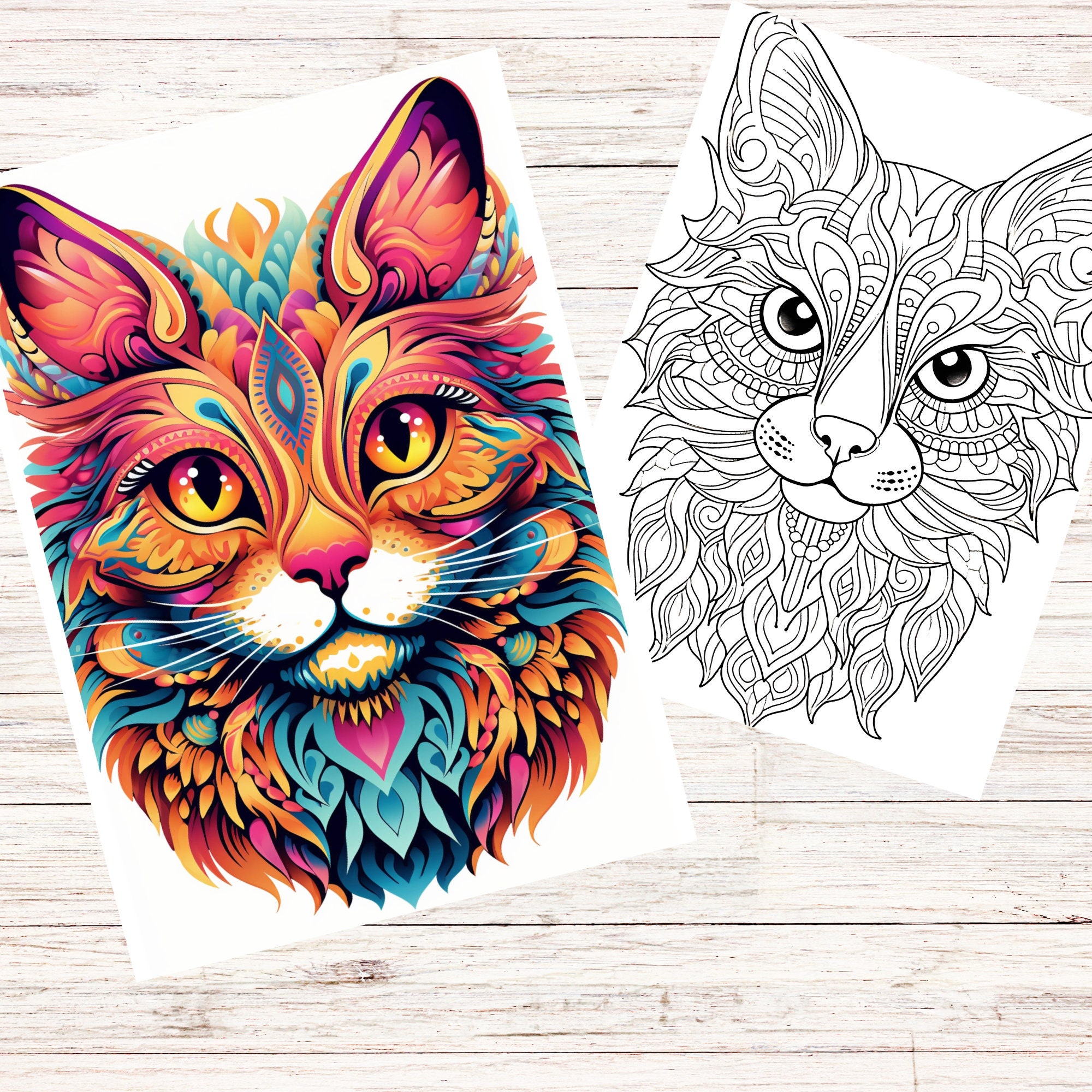 Cat Mandala Coloring Pages for Adults | Printable PDF With Relaxing ...