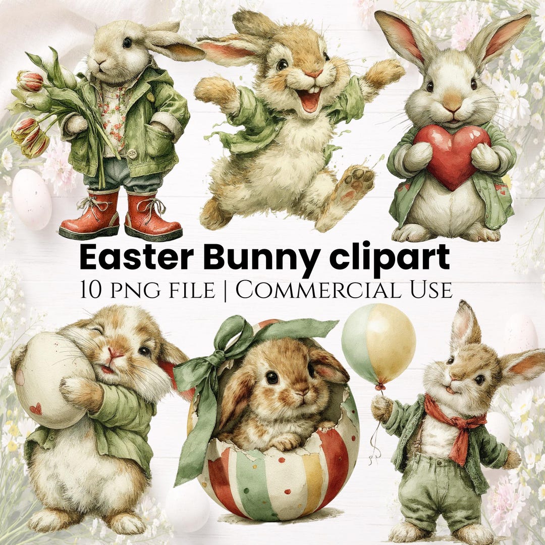 Watercolor Easter Bunny Clipart Bundle, Vintage Spring Rabbit Graphics ...