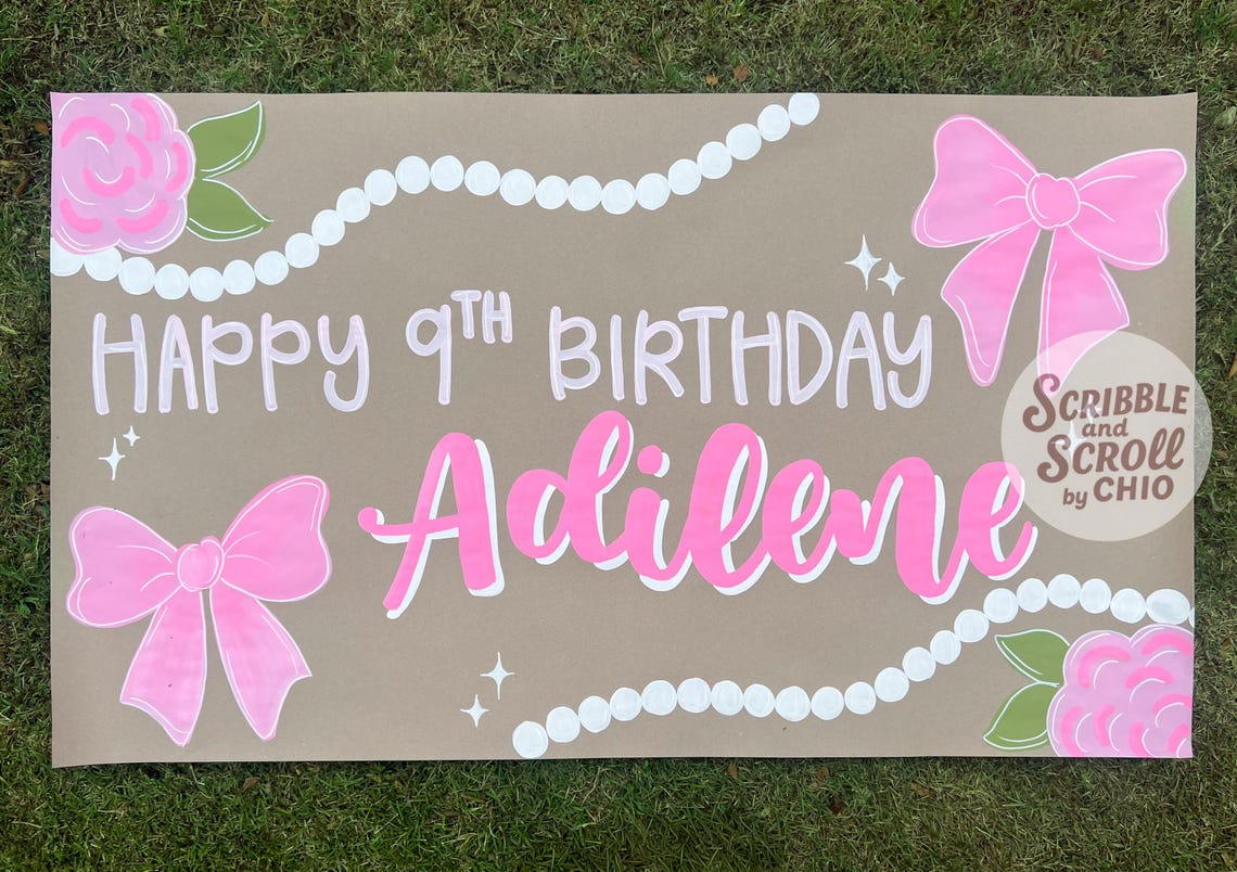 Custom Hand Painted Birthday Banner, Pearls and Bows Party Decor - Etsy