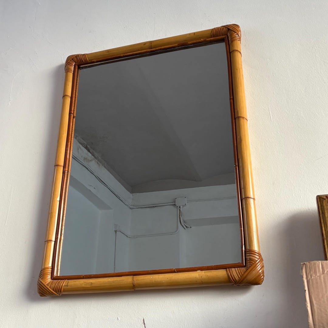 Vintage Bamboo Mirror Antique, Large Wall Hanging Mirror, Rustic Home ...