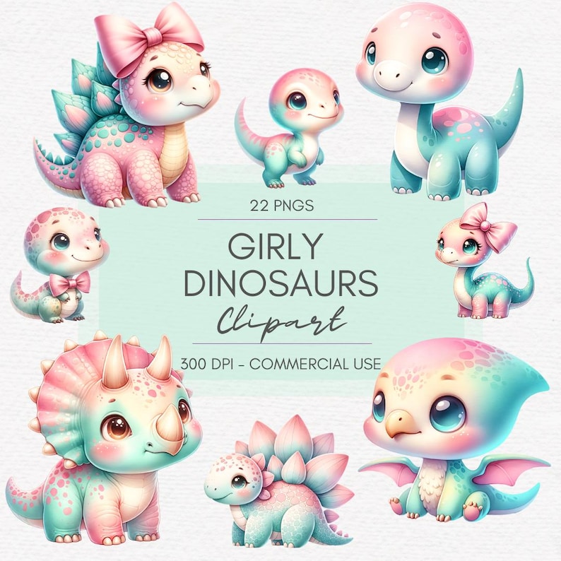 Girly Dinosaurs Watercolor Clipart Set Dino Clip Art Bundle of ...