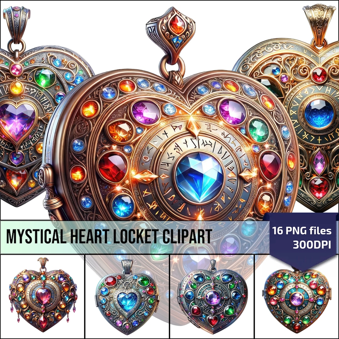 Mystical Heart Locket Clipart, Enchanted Gemstone Digital Art, Magical ...