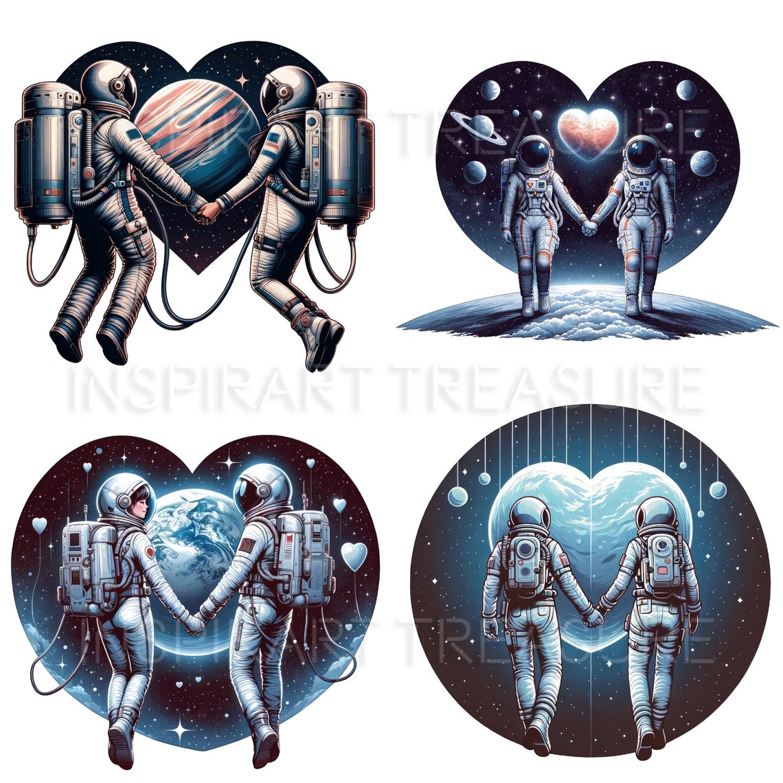 Cosmic Love Clipart, Astronaut Couple Holding Hands, Romantic Art for ...
