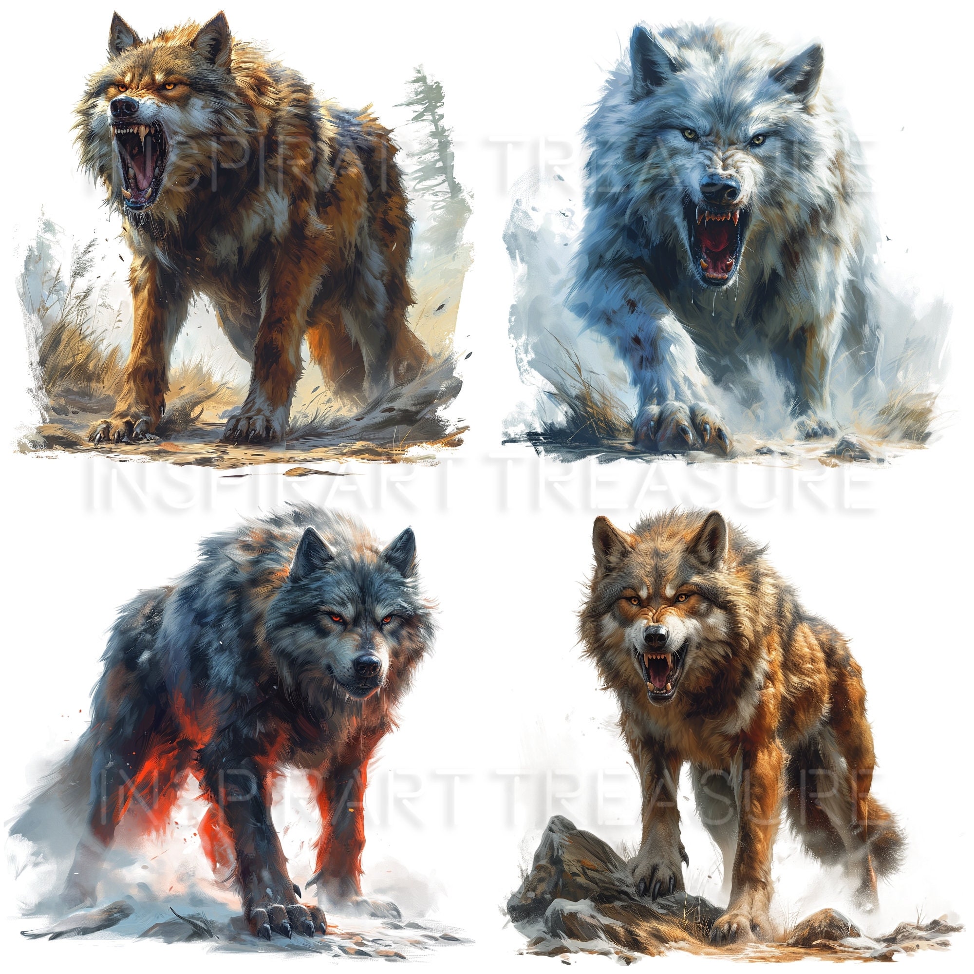 Fantastic Beast Watercolor Clipart, Angry Wolf Artwork, Commercial Use ...