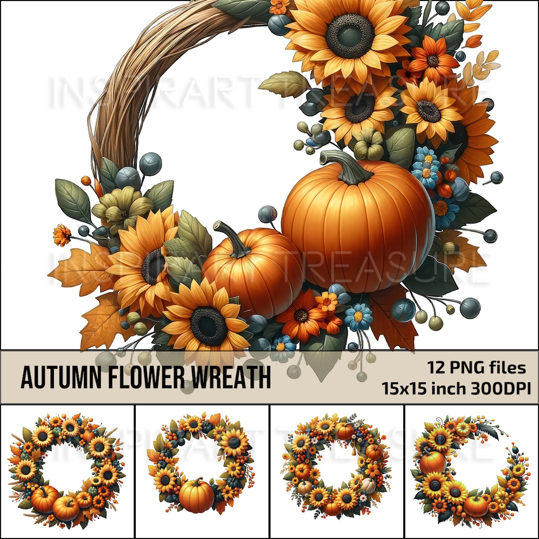 Halloween Autumn Flower Wreath Clipart PNG Kit, Digital Art Printable ...