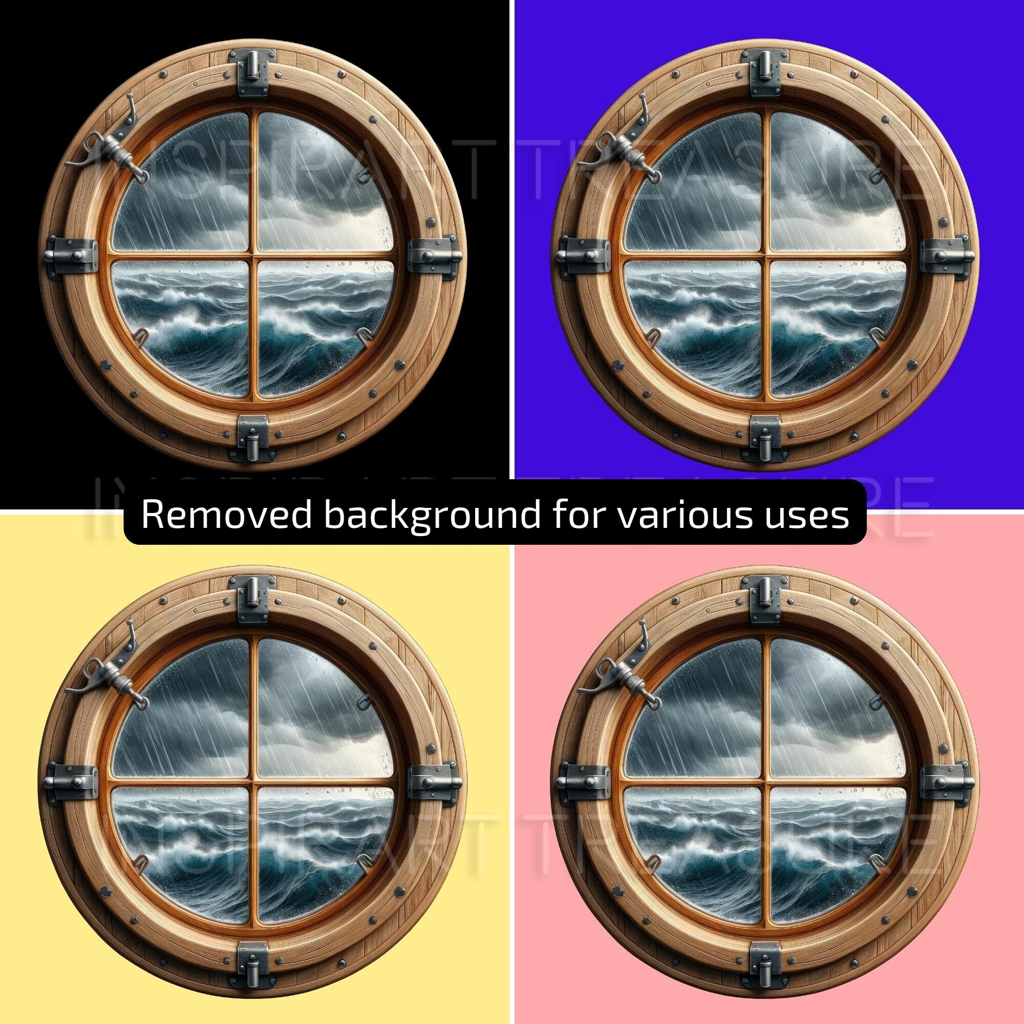 Nautical Watercolor Ship Window Clipart, Stormy Sea View Art, Round ...