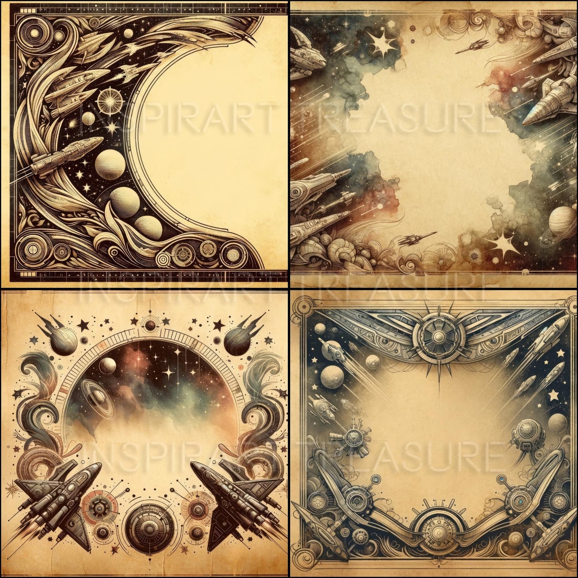 Sci-fi Watercolor Scrapbook Paper Kit, Vintage Art Journal Page Kit ...