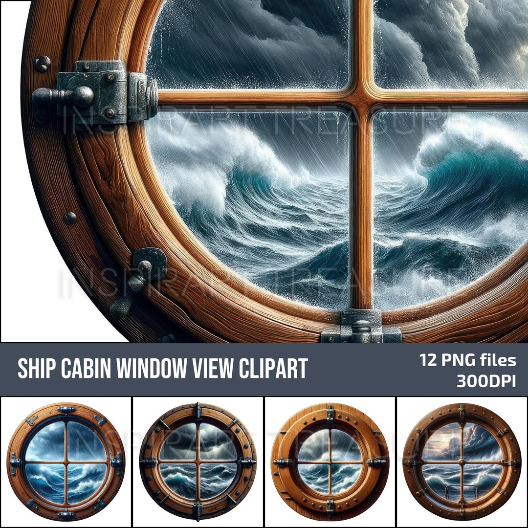 Nautical Watercolor Ship Window Clipart, Stormy Sea View Art, Round ...