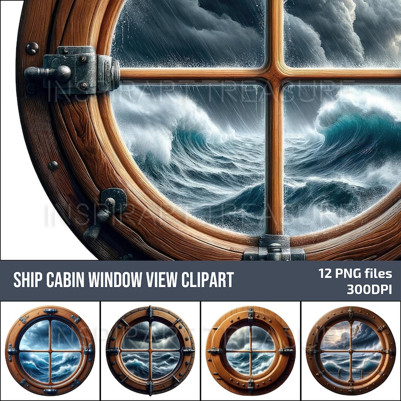 Nautical Watercolor Ship Window Clipart, Stormy Sea View Art, Round ...