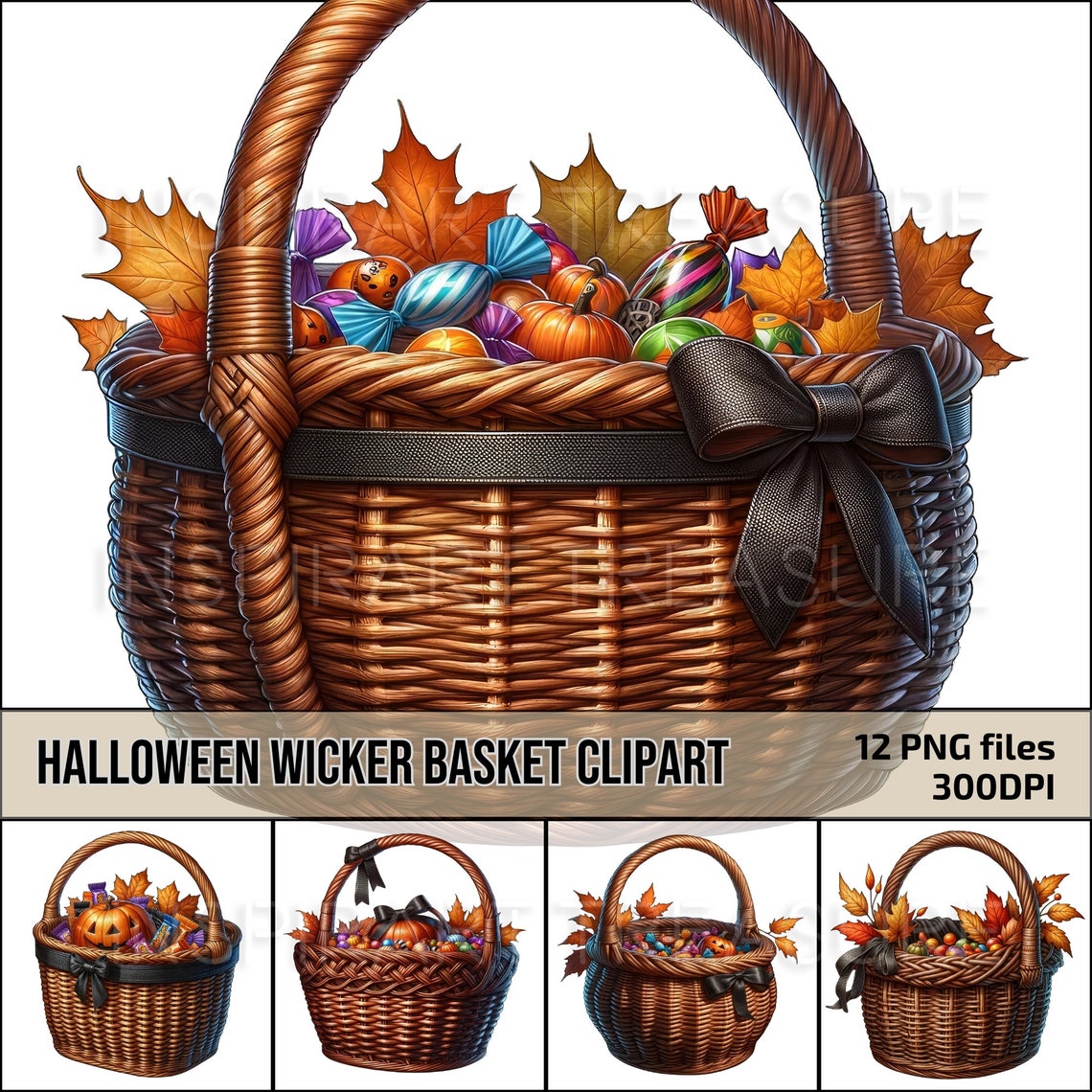 Halloween Wicker Basket Clipart PNG Kit Basket With Pumpkins Digital ...