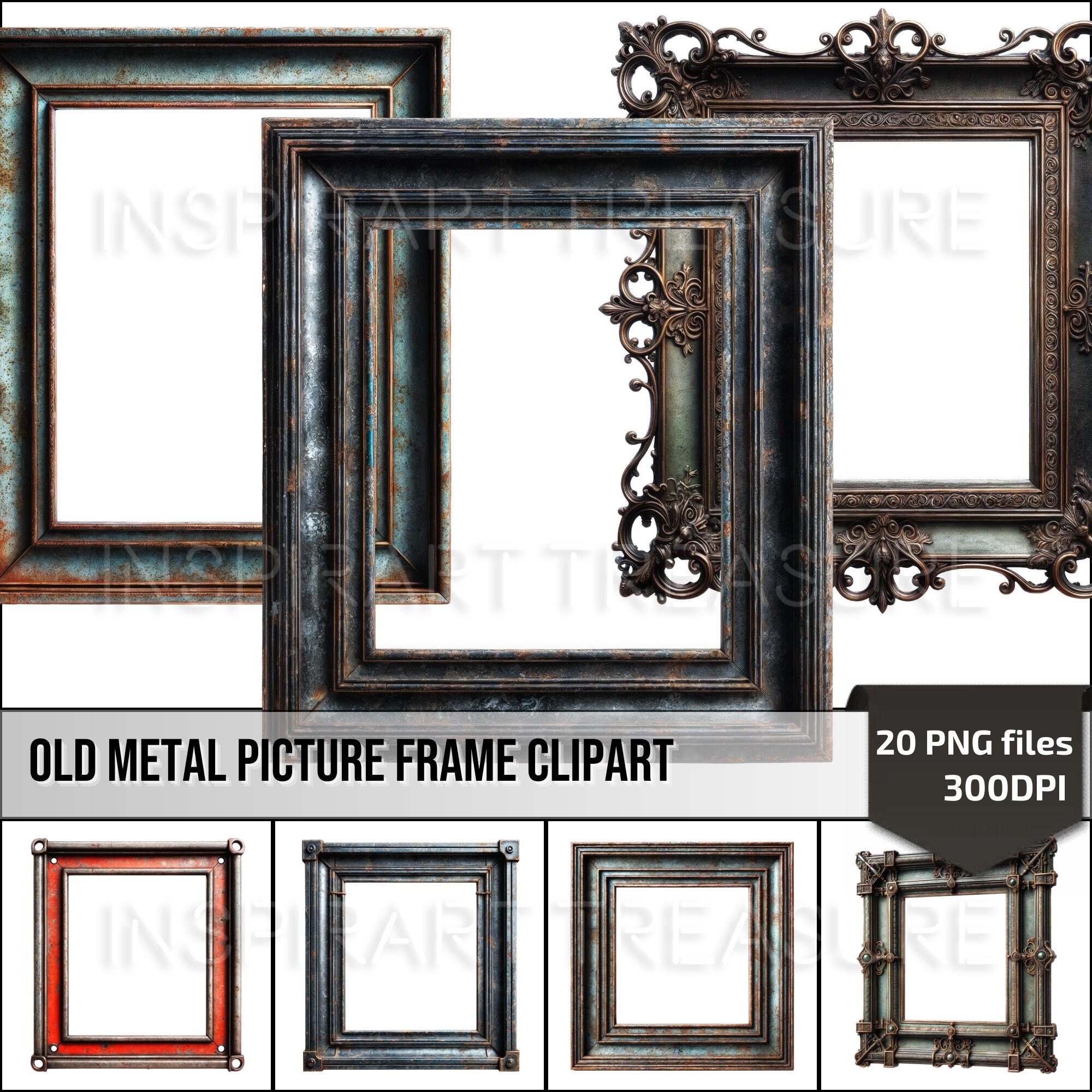 Old Metal Frame Clipart, PNG Vintage Picture Frame Set, Printable ...