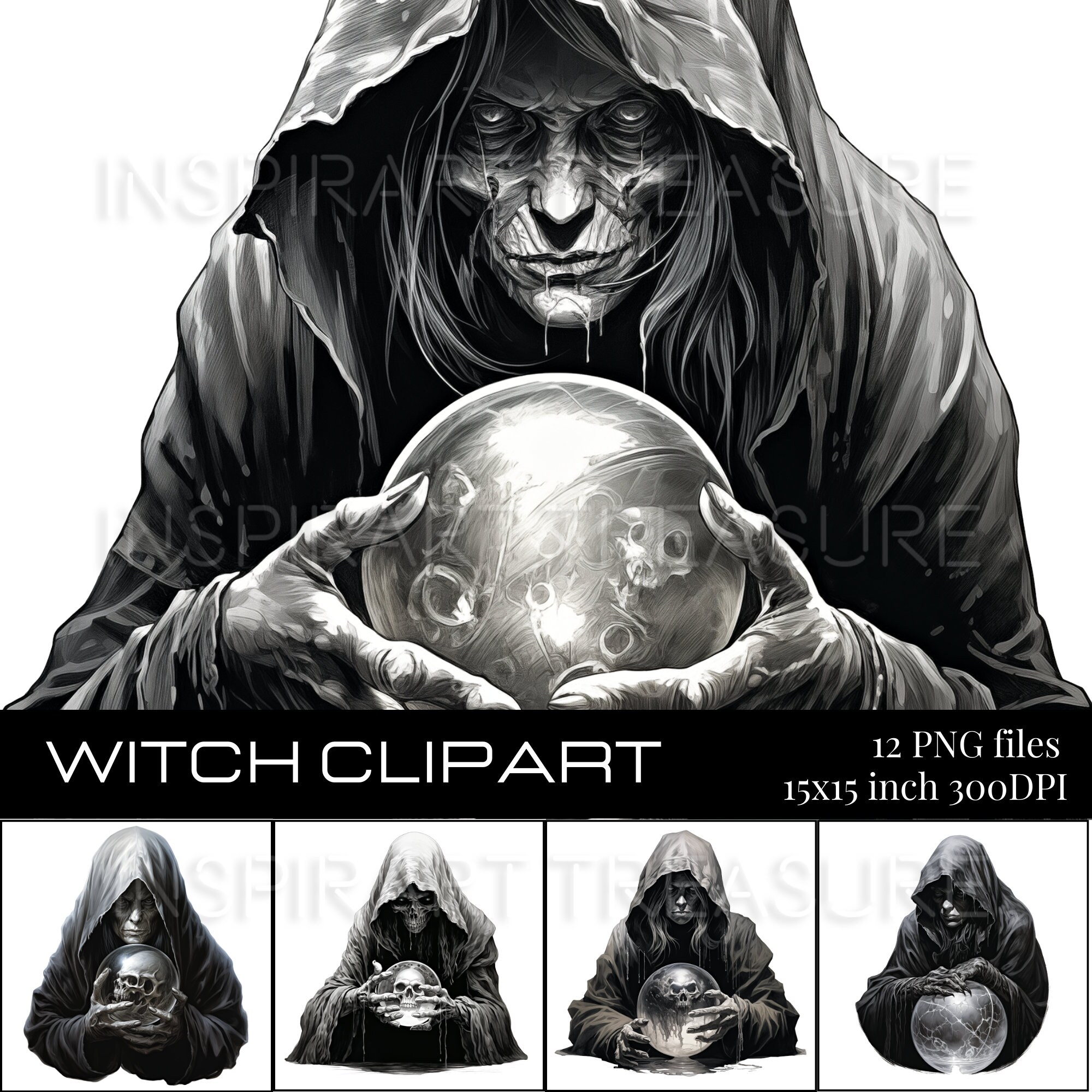 Witch With Crystal Ball Clipart, Witchcraft Scrapbook Paper, Digital ...