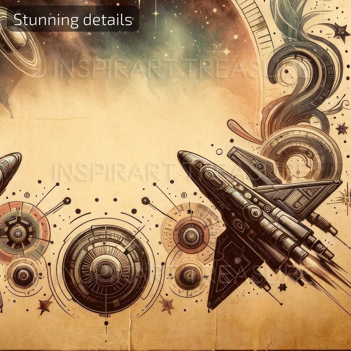 Sci-fi Watercolor Scrapbook Paper Kit, Vintage Art Journal Page Kit ...
