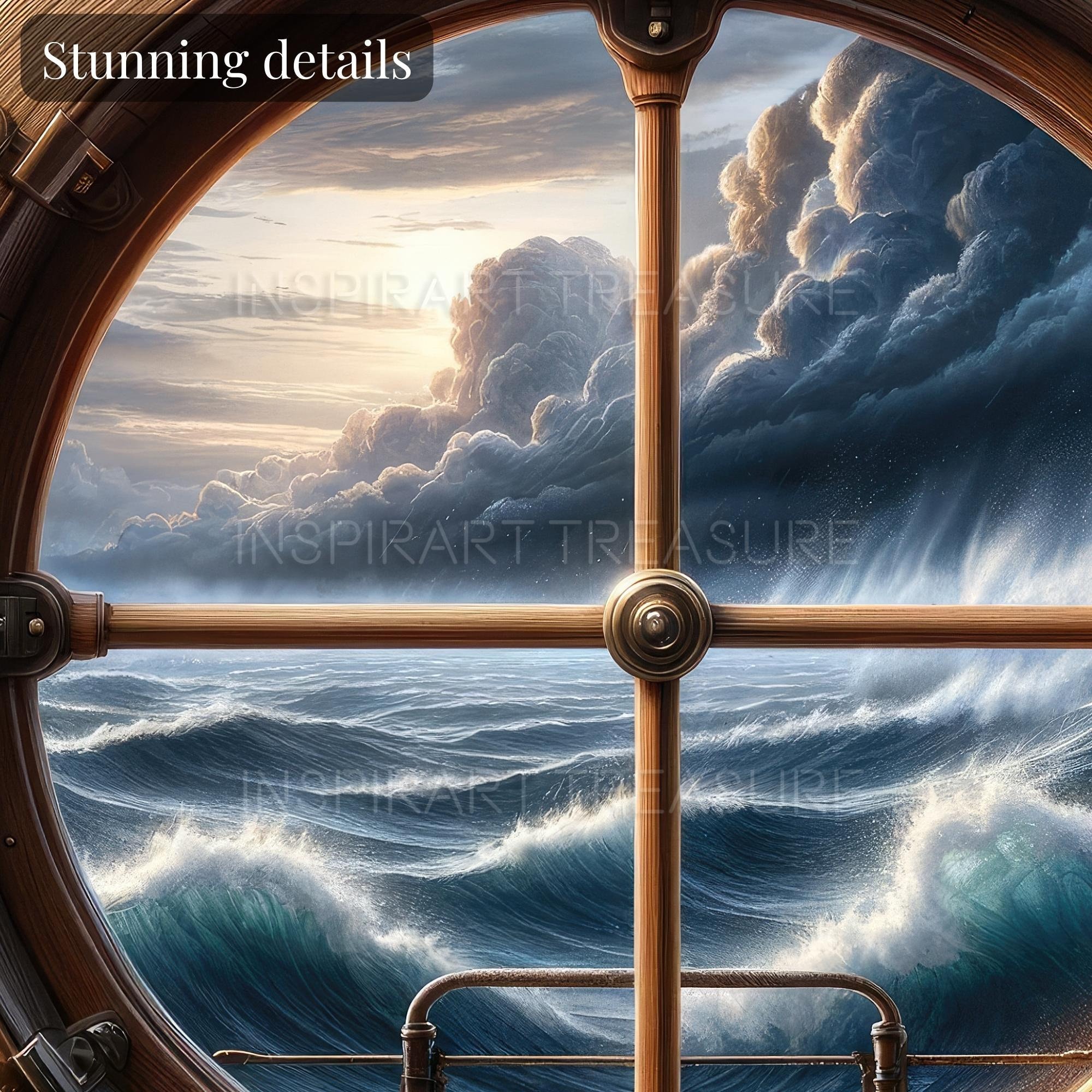 Nautical Watercolor Ship Window Clipart, Stormy Sea View Art, Round ...