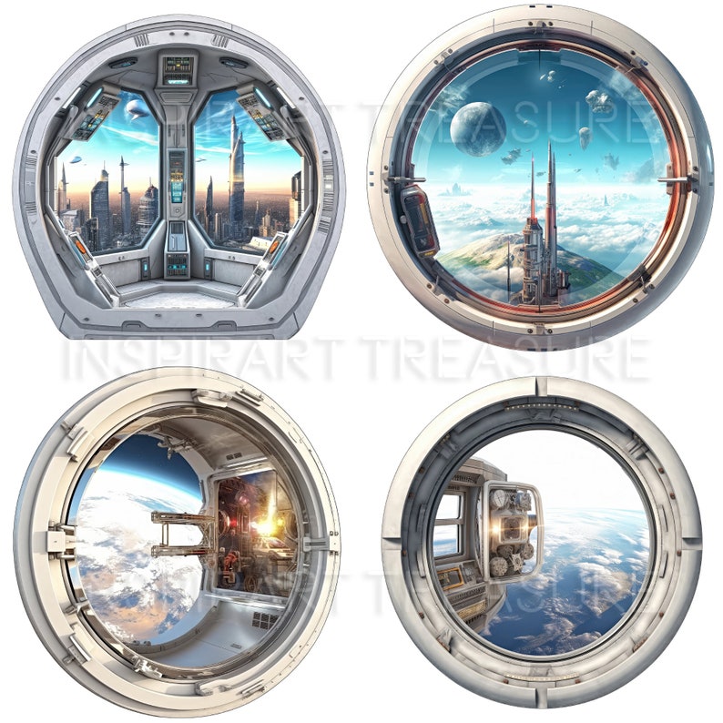 Sci Fi Watercolor Spaceship Window Clipart, Digital Scrapbook Paper Kit ...